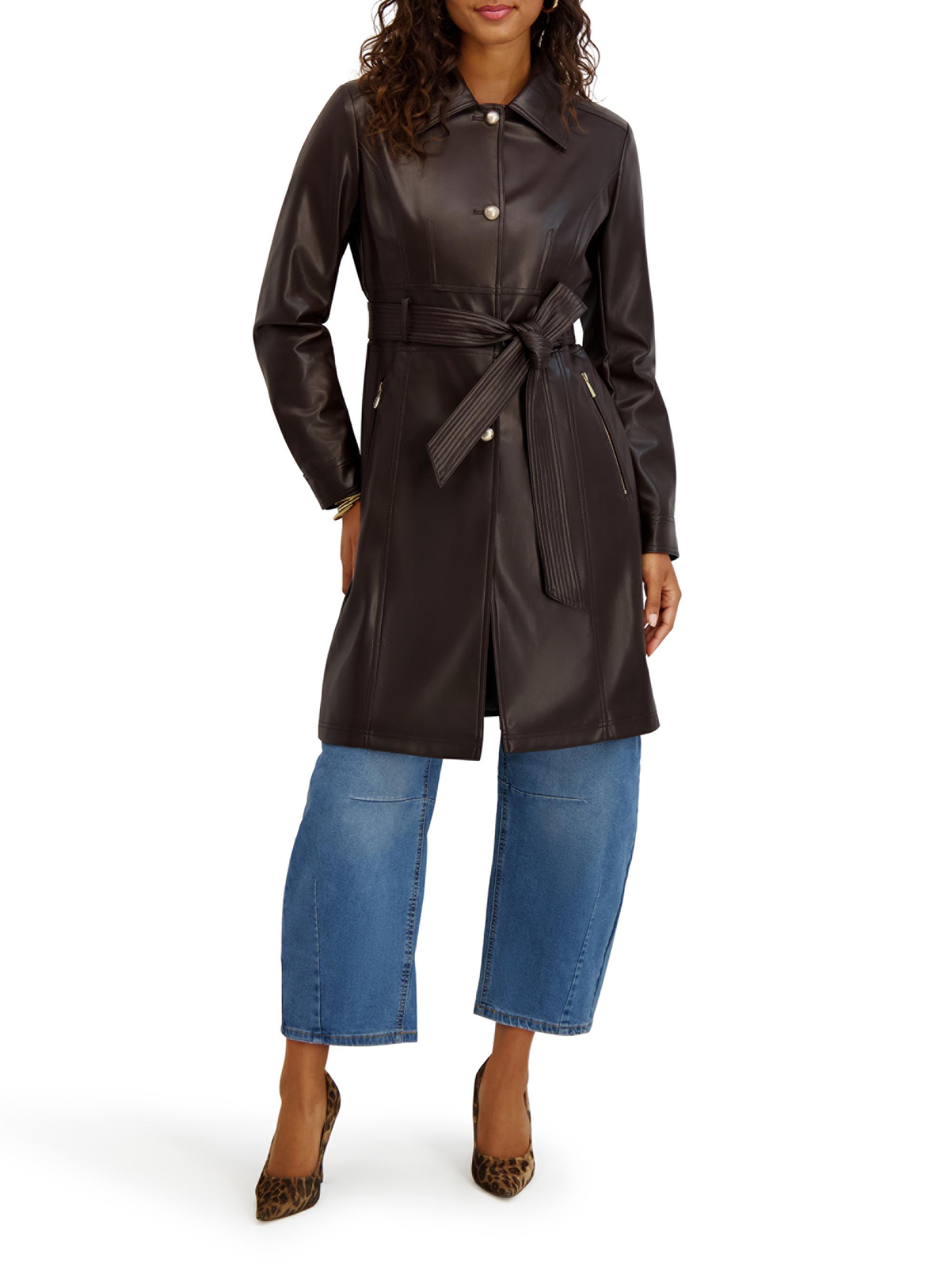 Click here for Kensie Womens Belted Faux Leather Trench Coat - Ch... prices