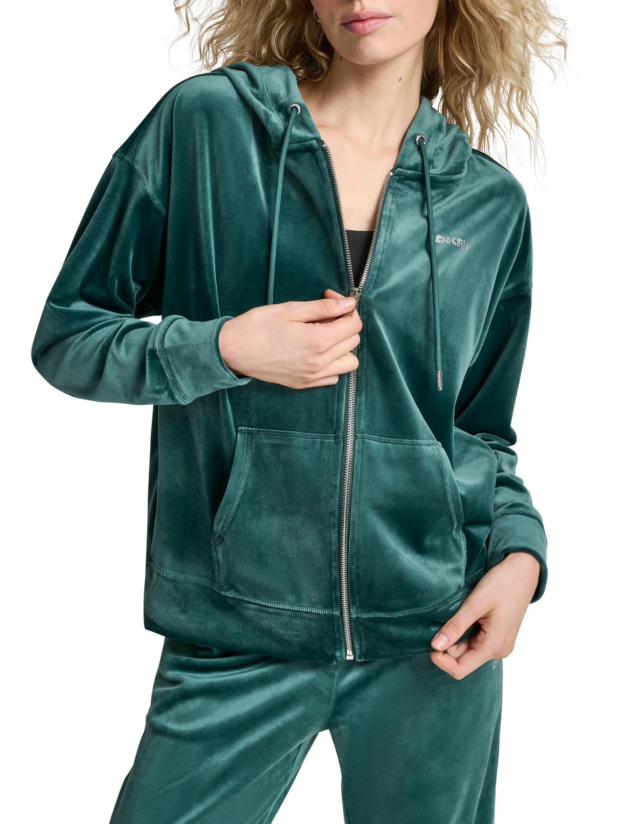 Dkny Womens Platinum Velour Rhinestone Logo Full-Zip Hoodie - Cool Pine