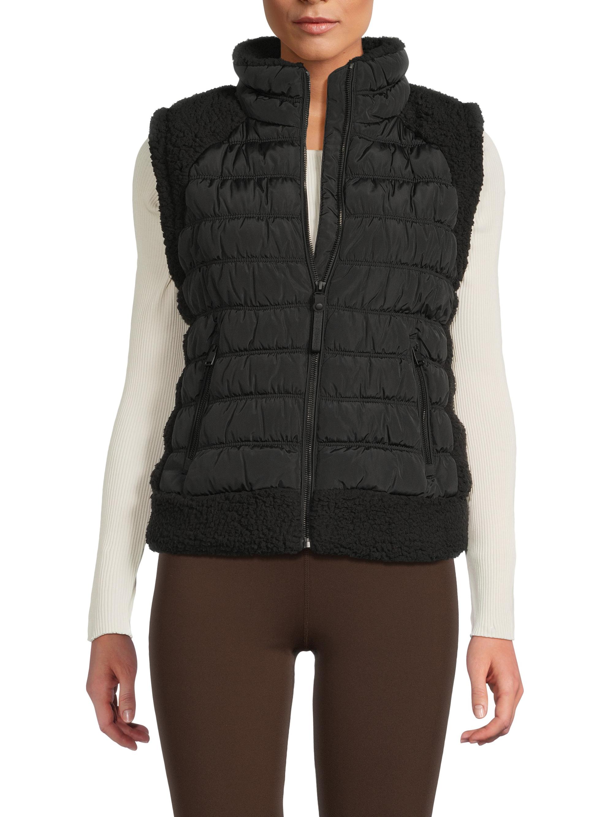Dkny Womens Horizontal Channel Quilted Mock Neck Puffer Vest with Sherpa - Blk/black