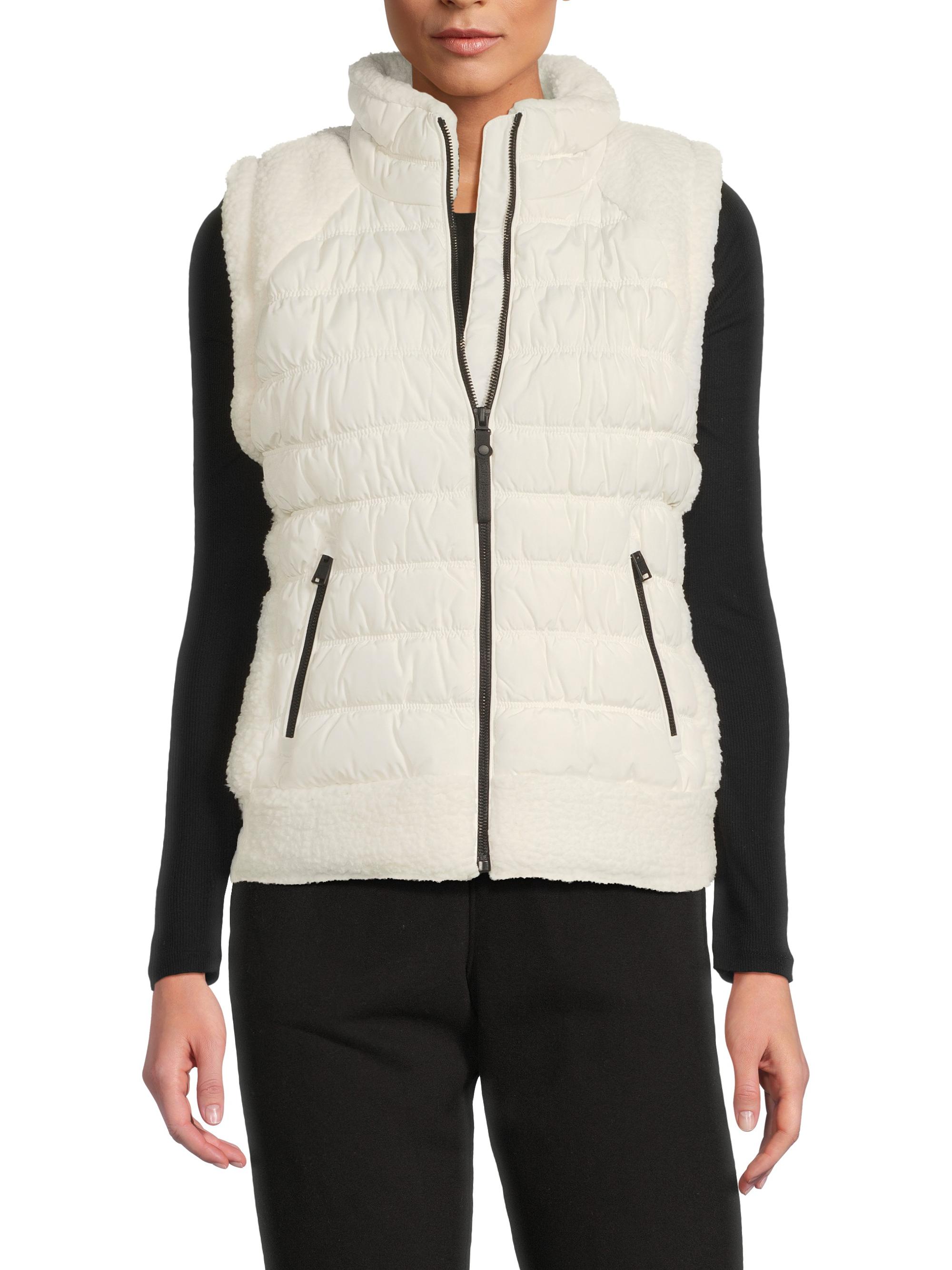 Dkny Womens Horizontal Channel Quilted Mock Neck Puffer Vest with Sherpa - Cloud