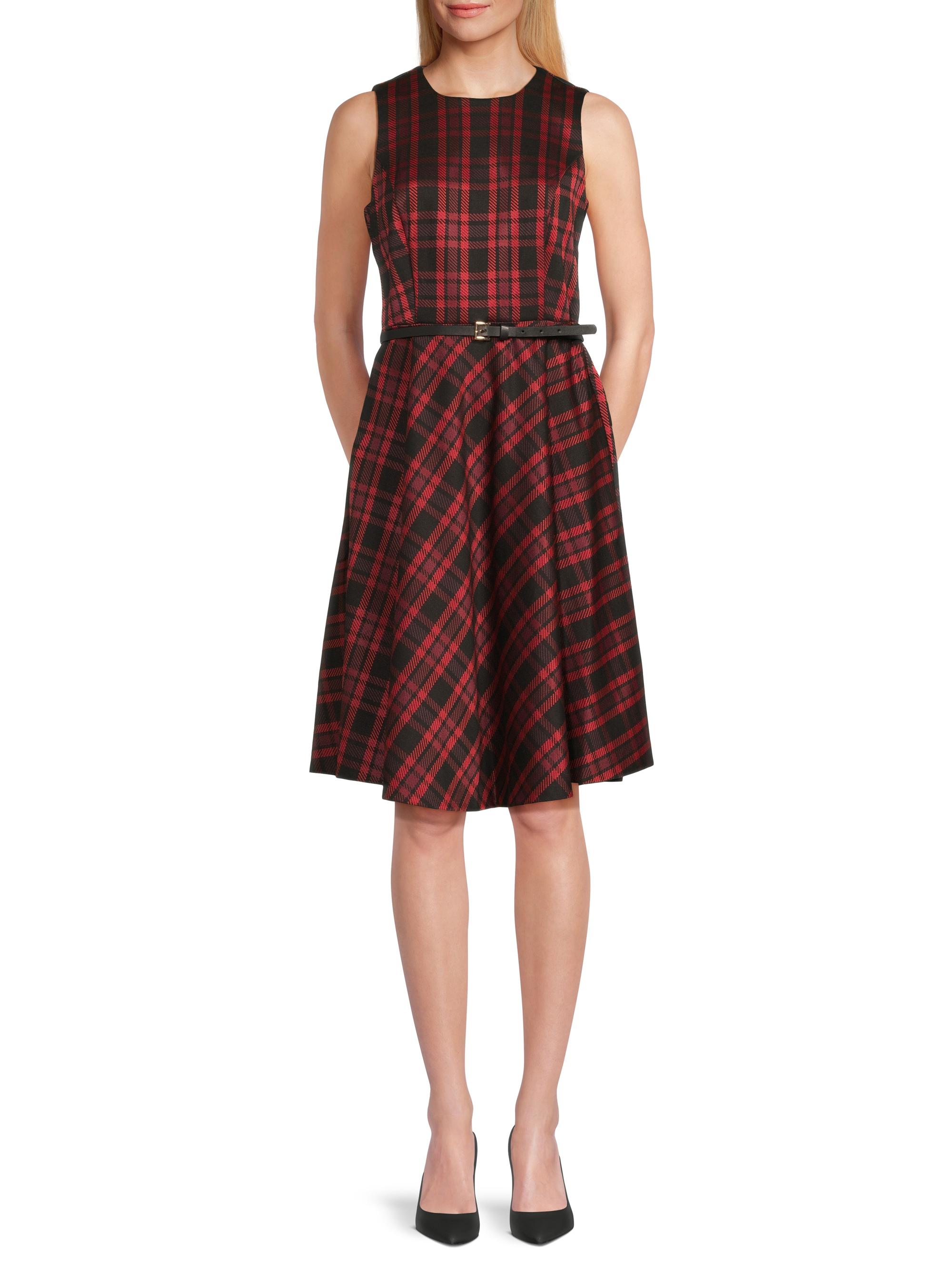Click here for Tommy Hilfiger Womens Plaid Belted Sleeveless Dres... prices