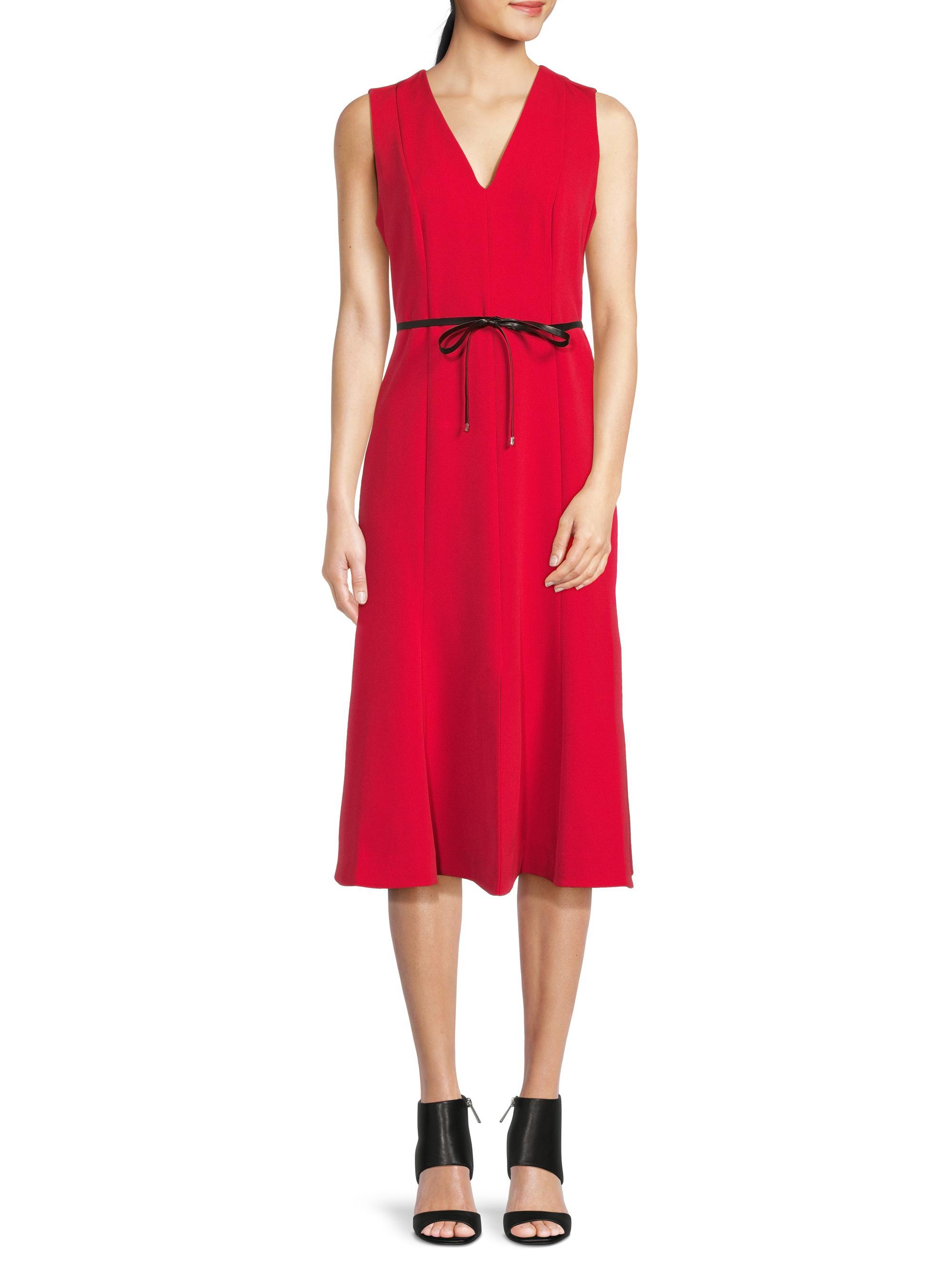 Click here for Dkny Womens Tie-Waist A-Line Midi-Dress - Crimson... prices