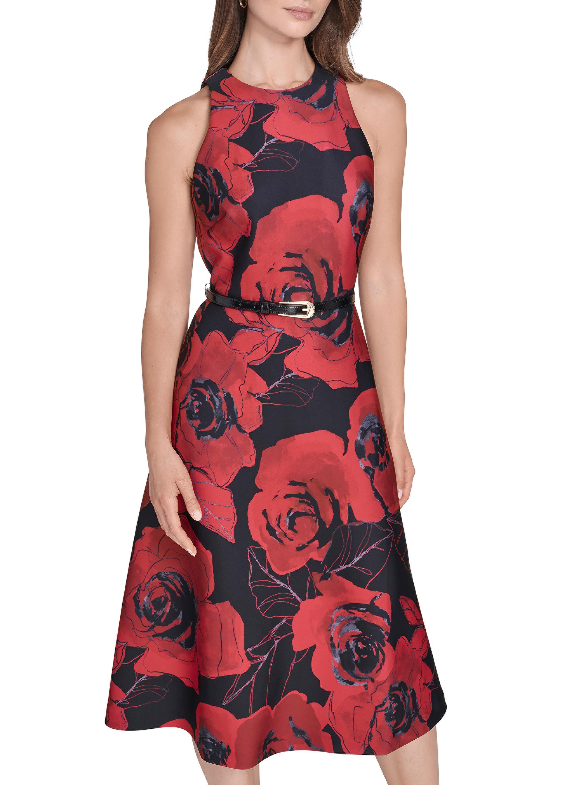 Click here for Halston Womens Printed Fit and Flare Dress - Crims... prices