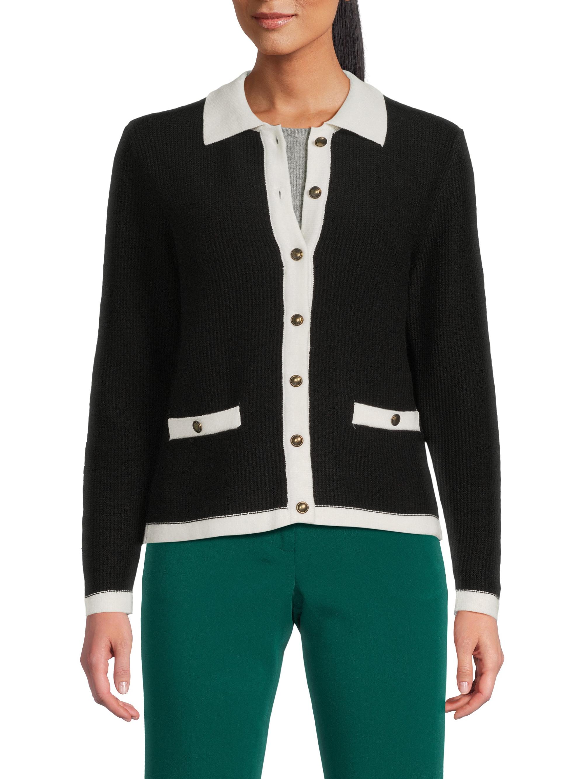 Yal New York Womens Contrast-Trim Rib-Knit Cardigan - Black - Size M