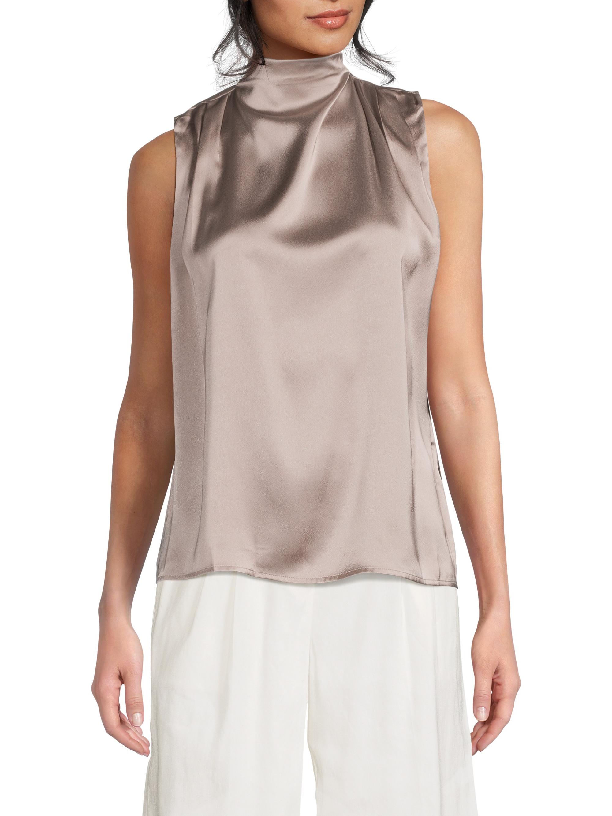 Click here for Calvin Klein Womens Pleated Trim Satin Top - Pearl... prices