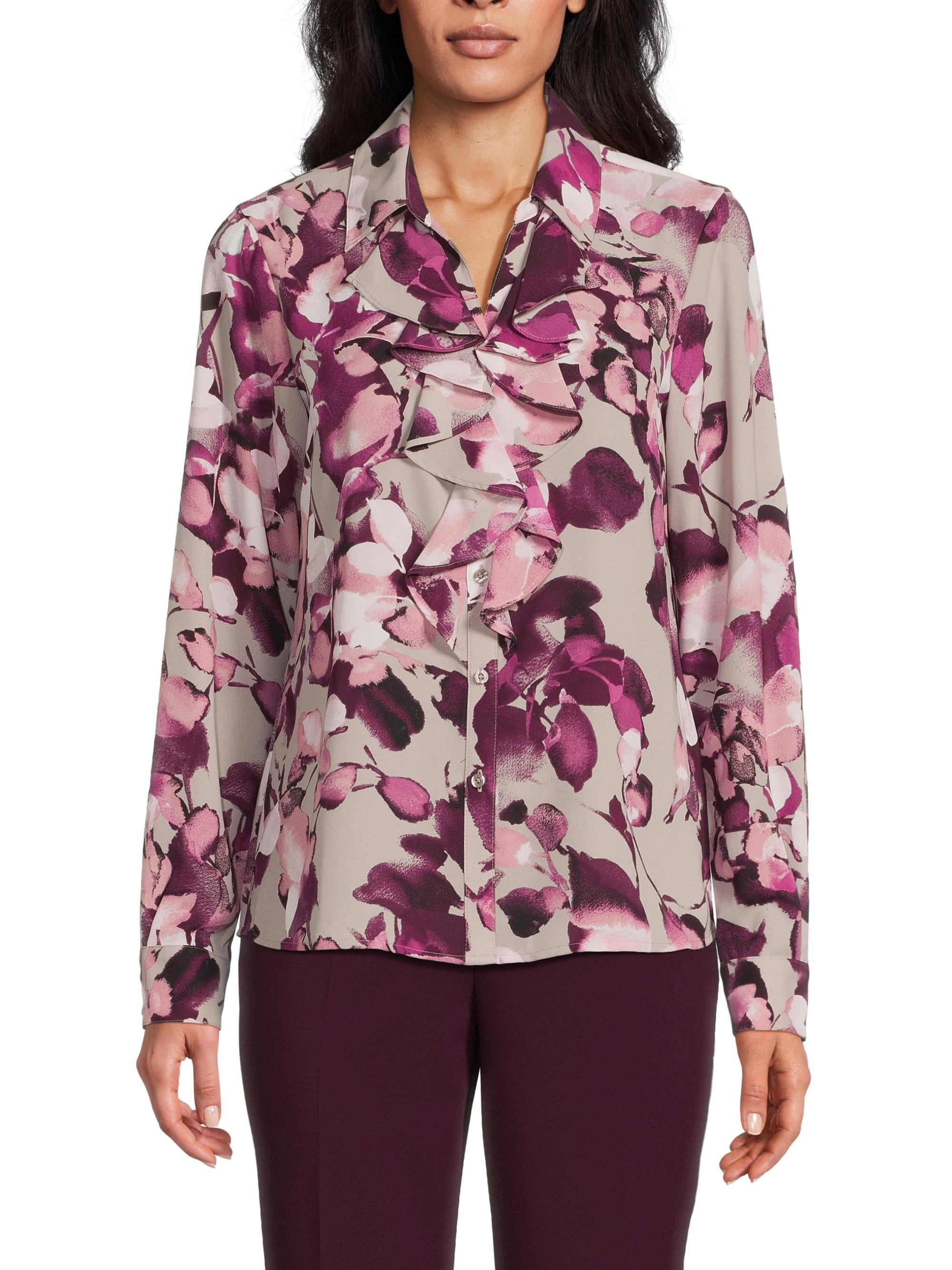 Click here for Calvin Klein Womens Ruffled-Trim Floral Top - Aube... prices