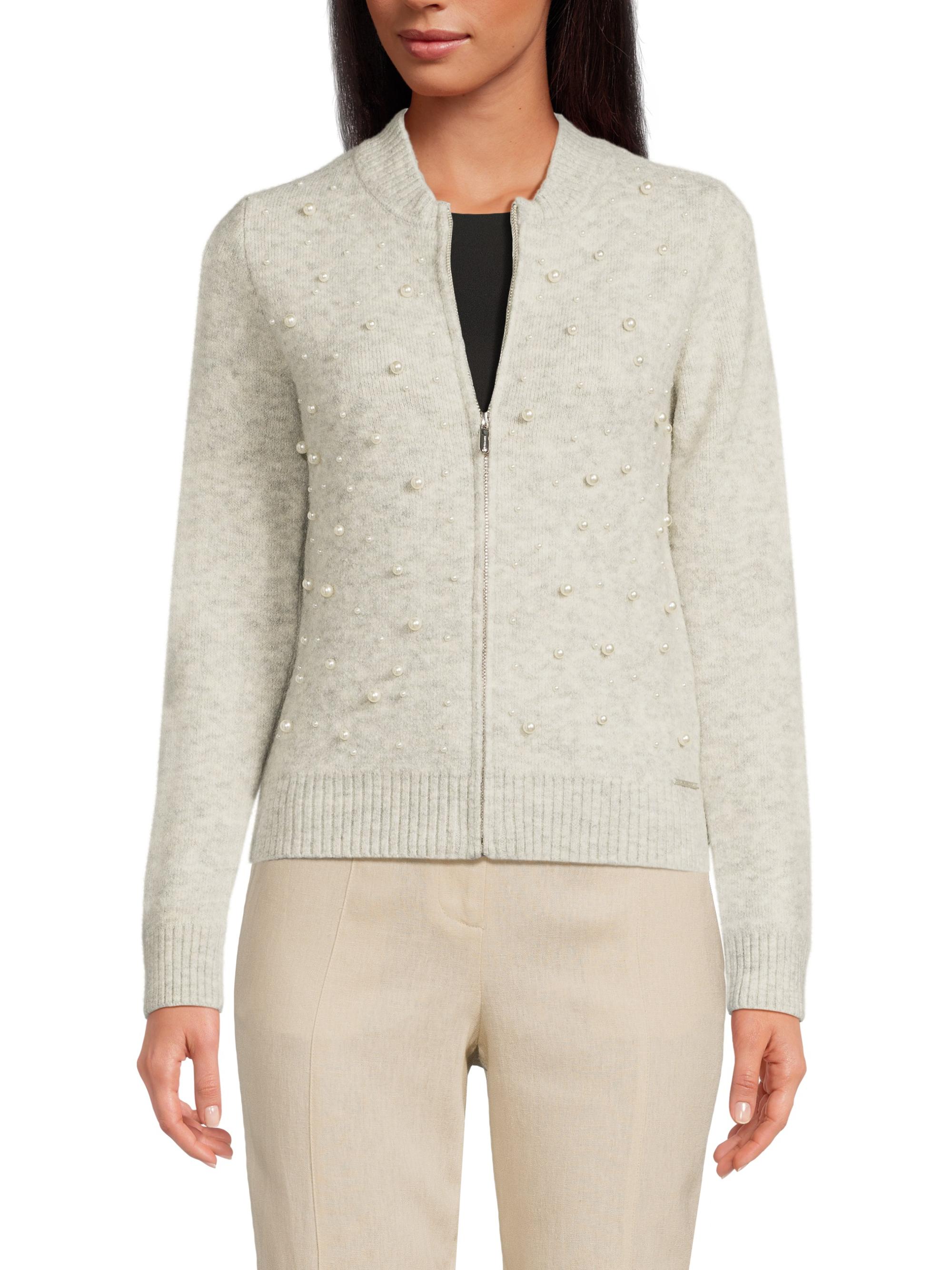 Click here for Halston Womens Embellished Zip Sweater - Grey - Si... prices