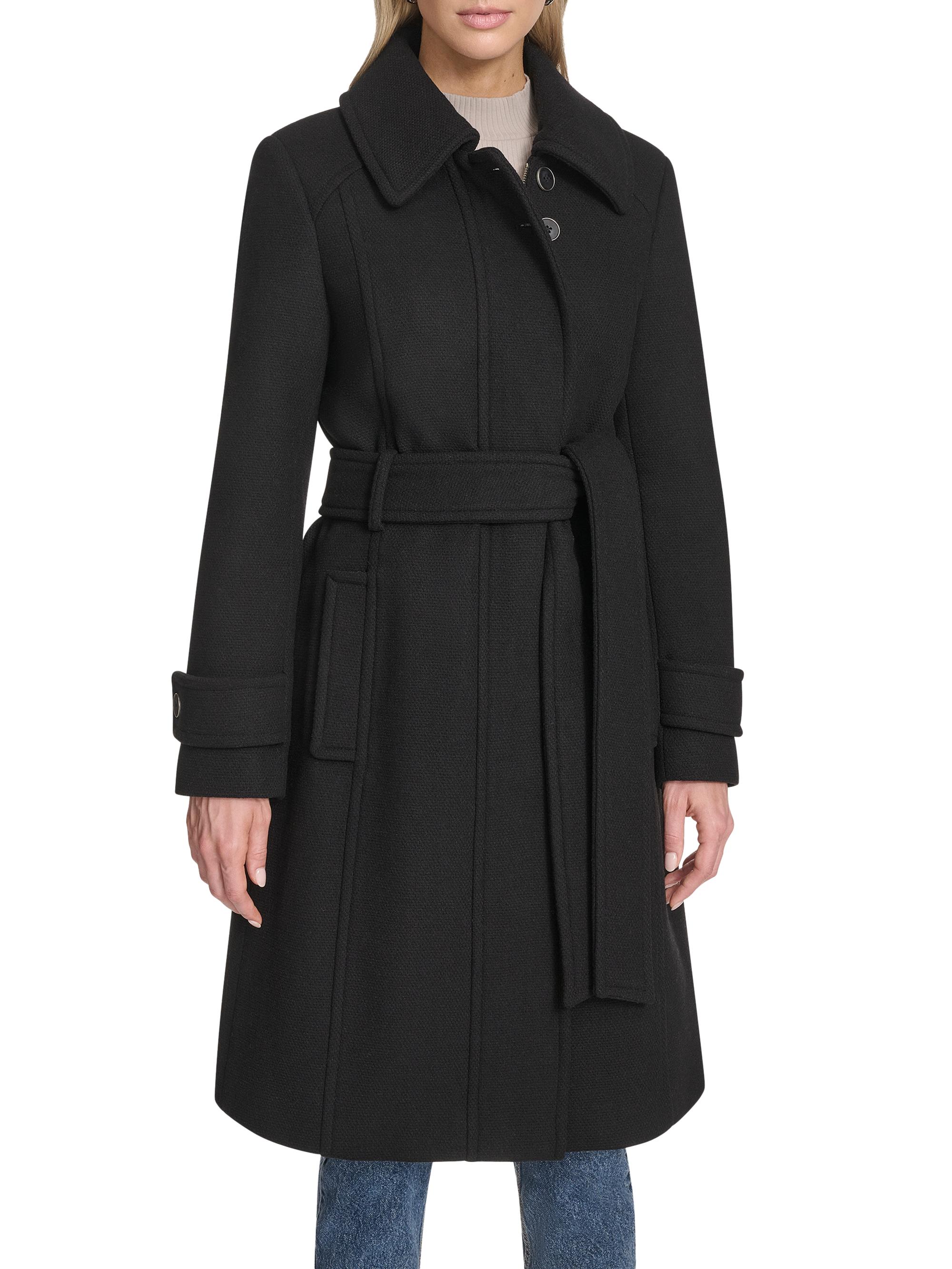Andrew Marc Womens Lawley Wool Blend Belted Trench Coat - Black