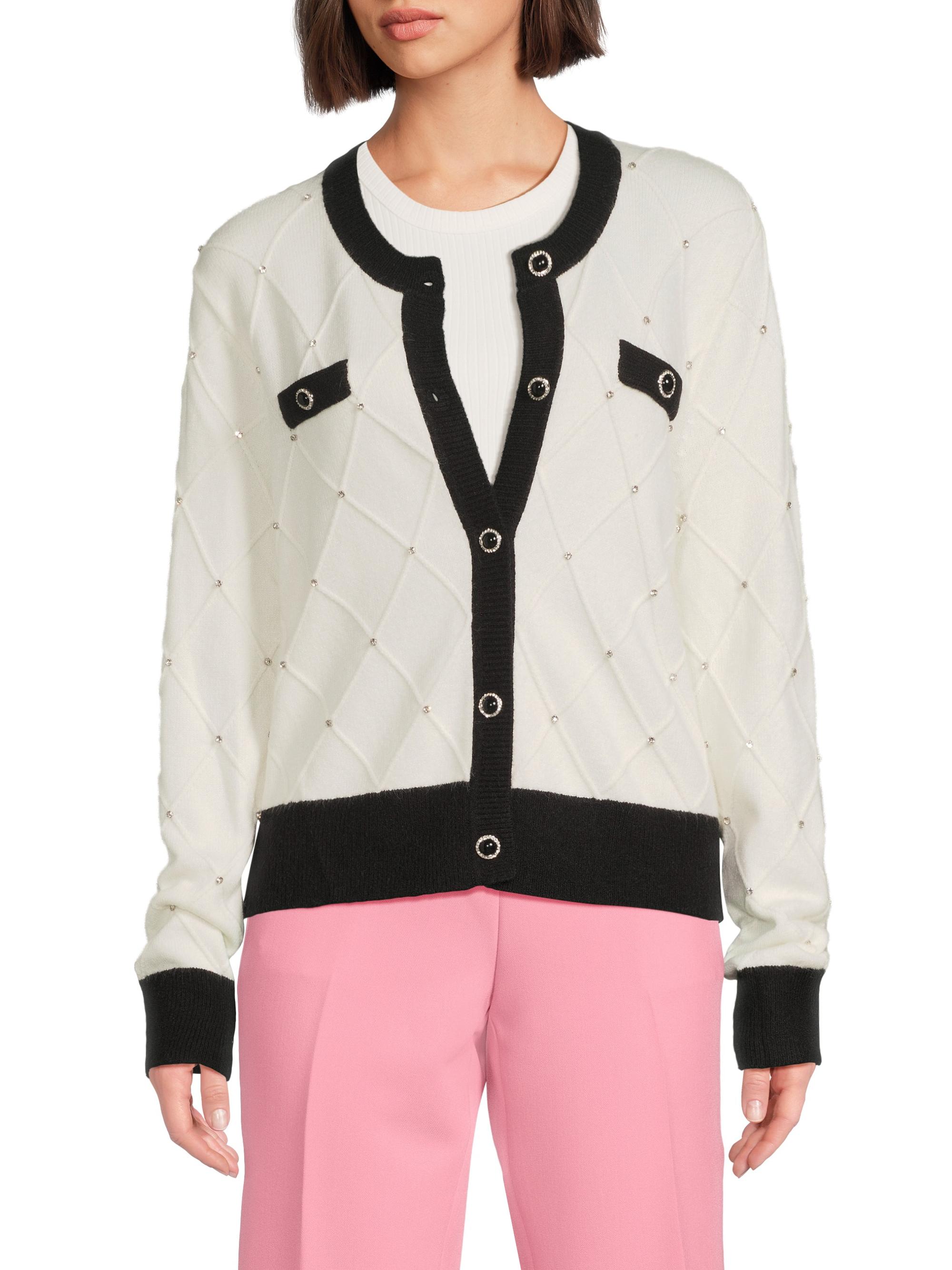 Karl Lagerfeld Paris Womens Crew Neck Front-Button Cardigan Sweater - Soft White/Black