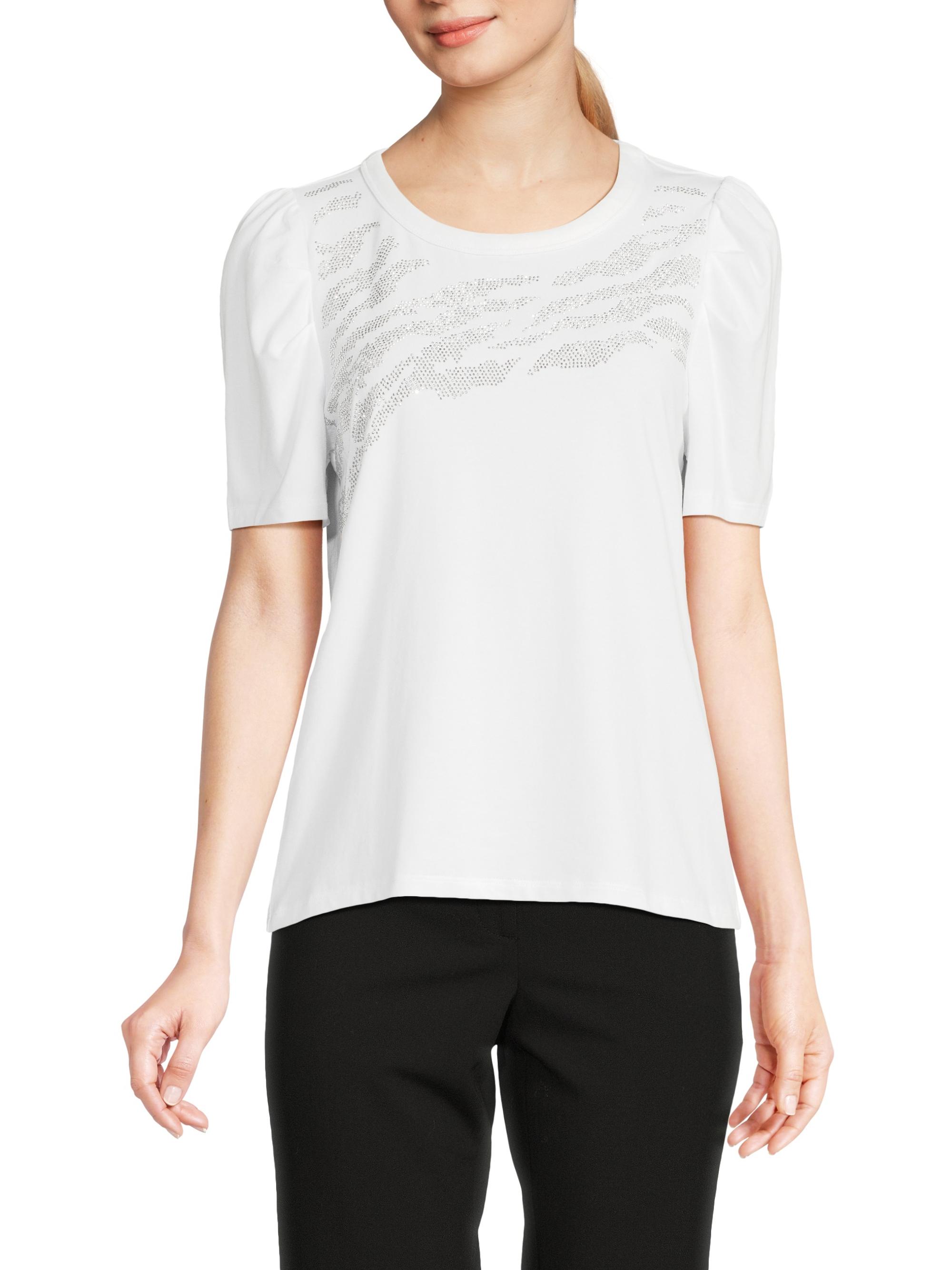 Click here for Dkny Womens Embellished Puff-Sleeve Cotton-Blend T... prices