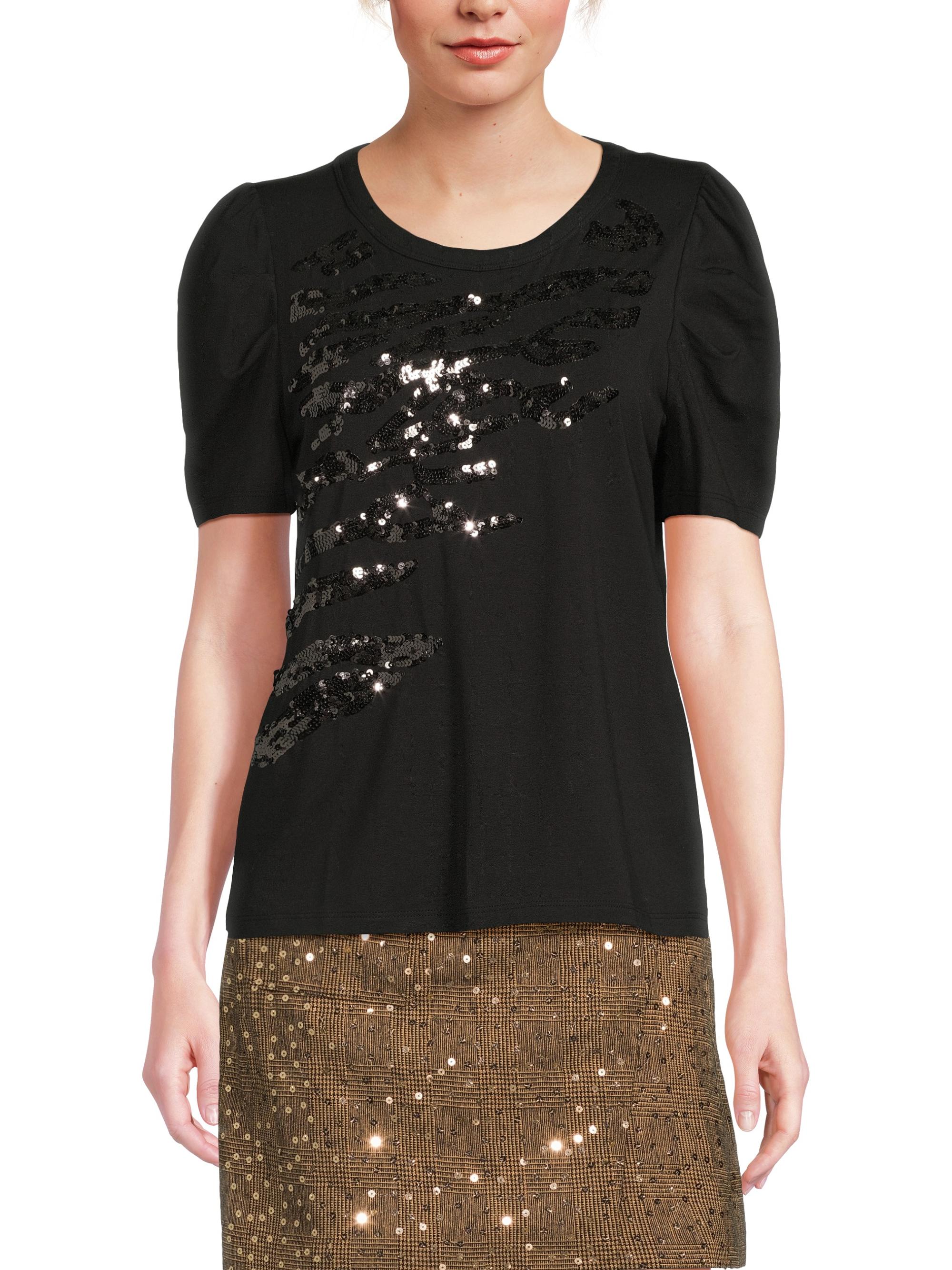 Click here for Dkny Womens Sequin Tiger Embellished Puff-Sleeve T... prices