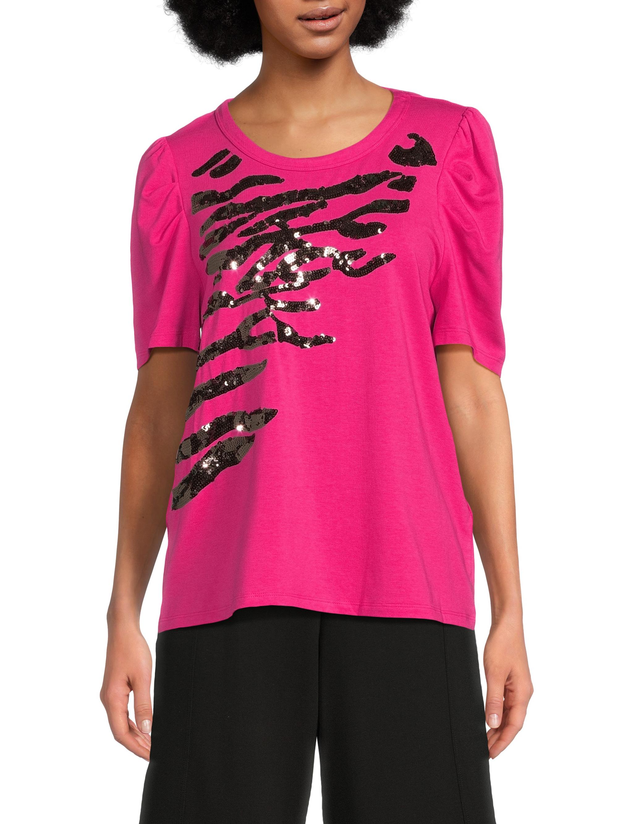 Click here for Dkny Womens Sequin Tiger Embellished Puff-Sleeve T... prices