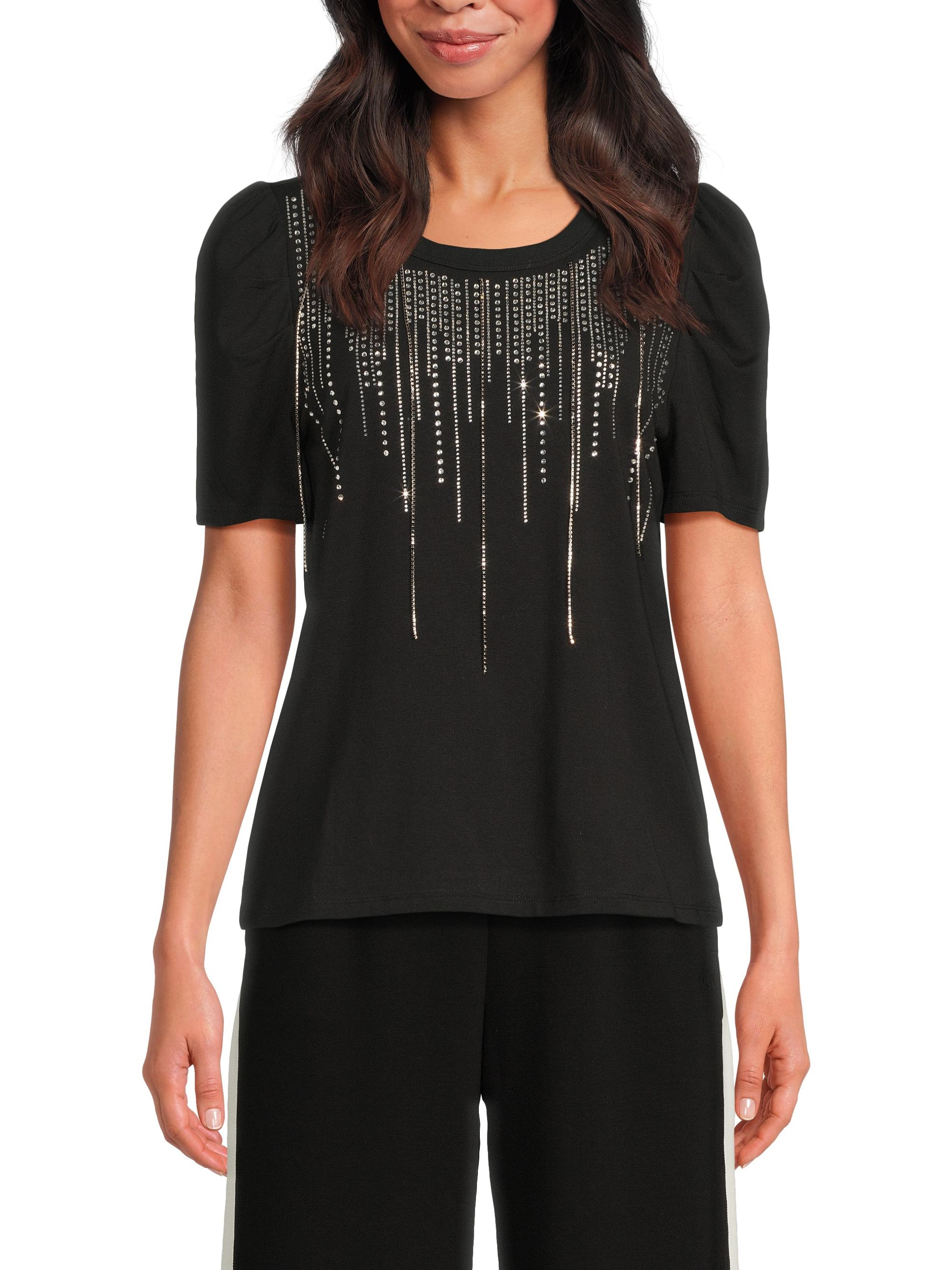 Click here for Dkny Womens Embellished Puff-Sleeve Top - Black -... prices