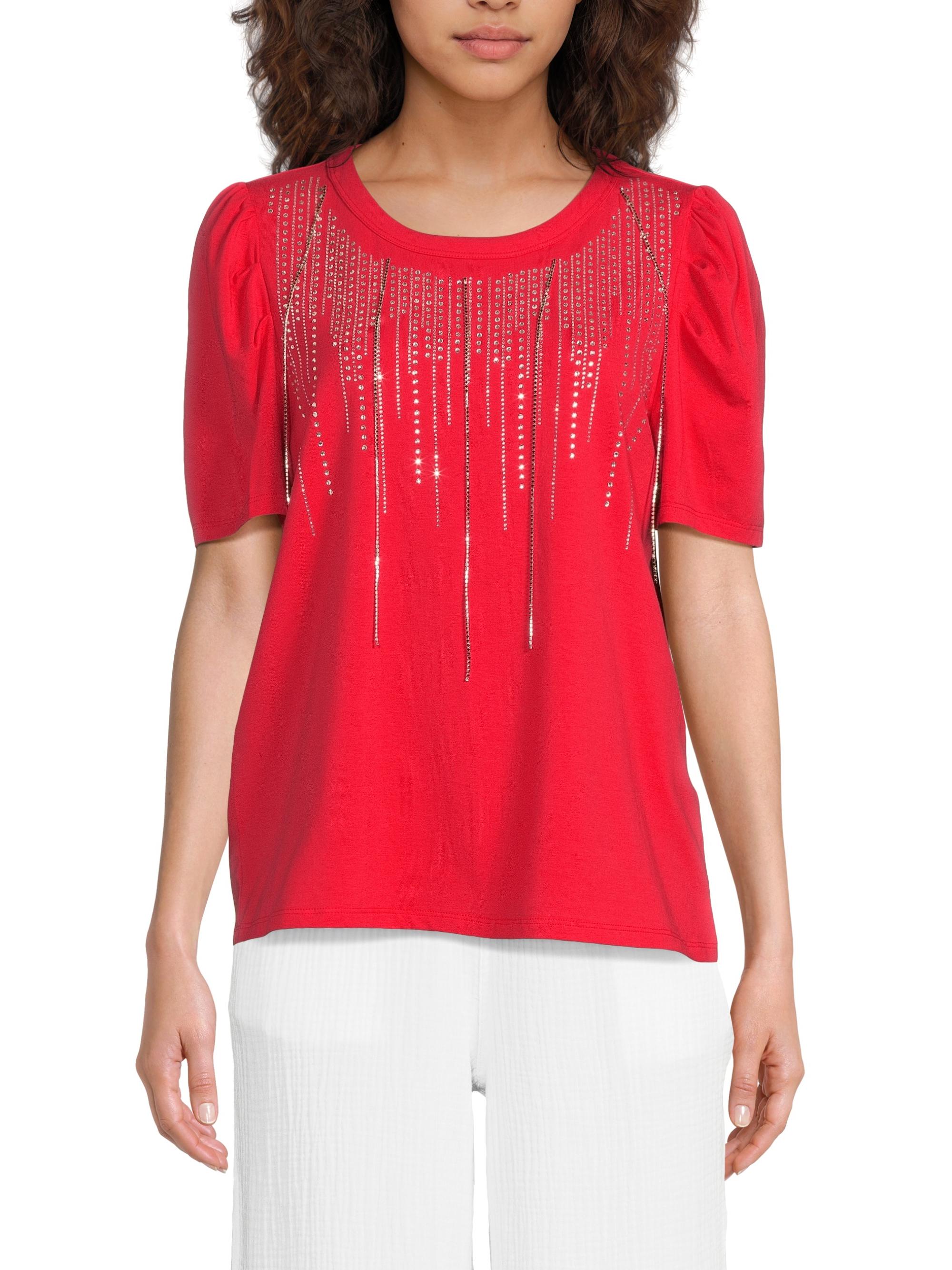 Click here for Dkny Womens Embellished Puff-Sleeve Top - Red Ligh... prices