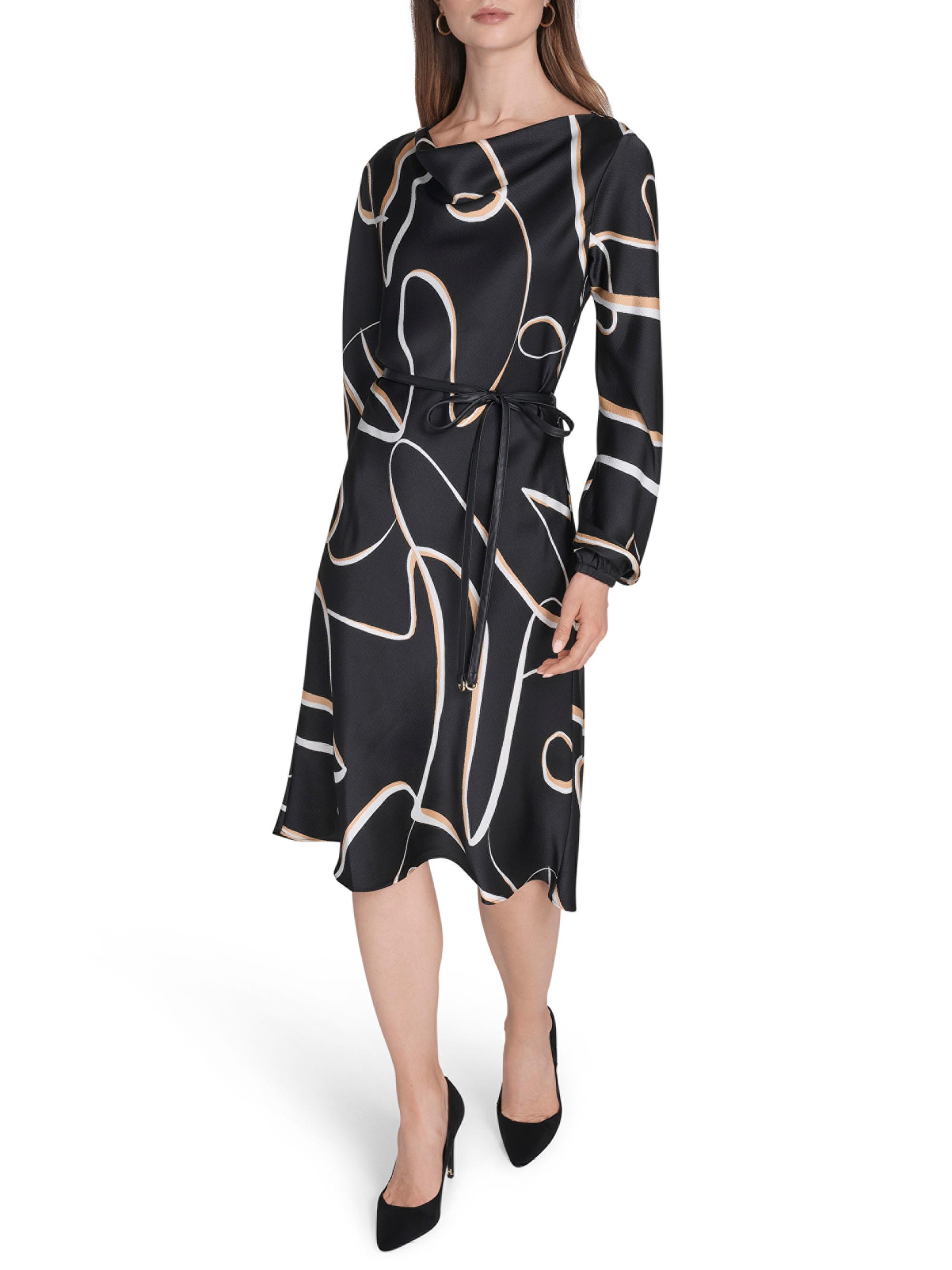 Click here for Halston Womens Tie-Waist Abstract A-Line Midi-Dres... prices