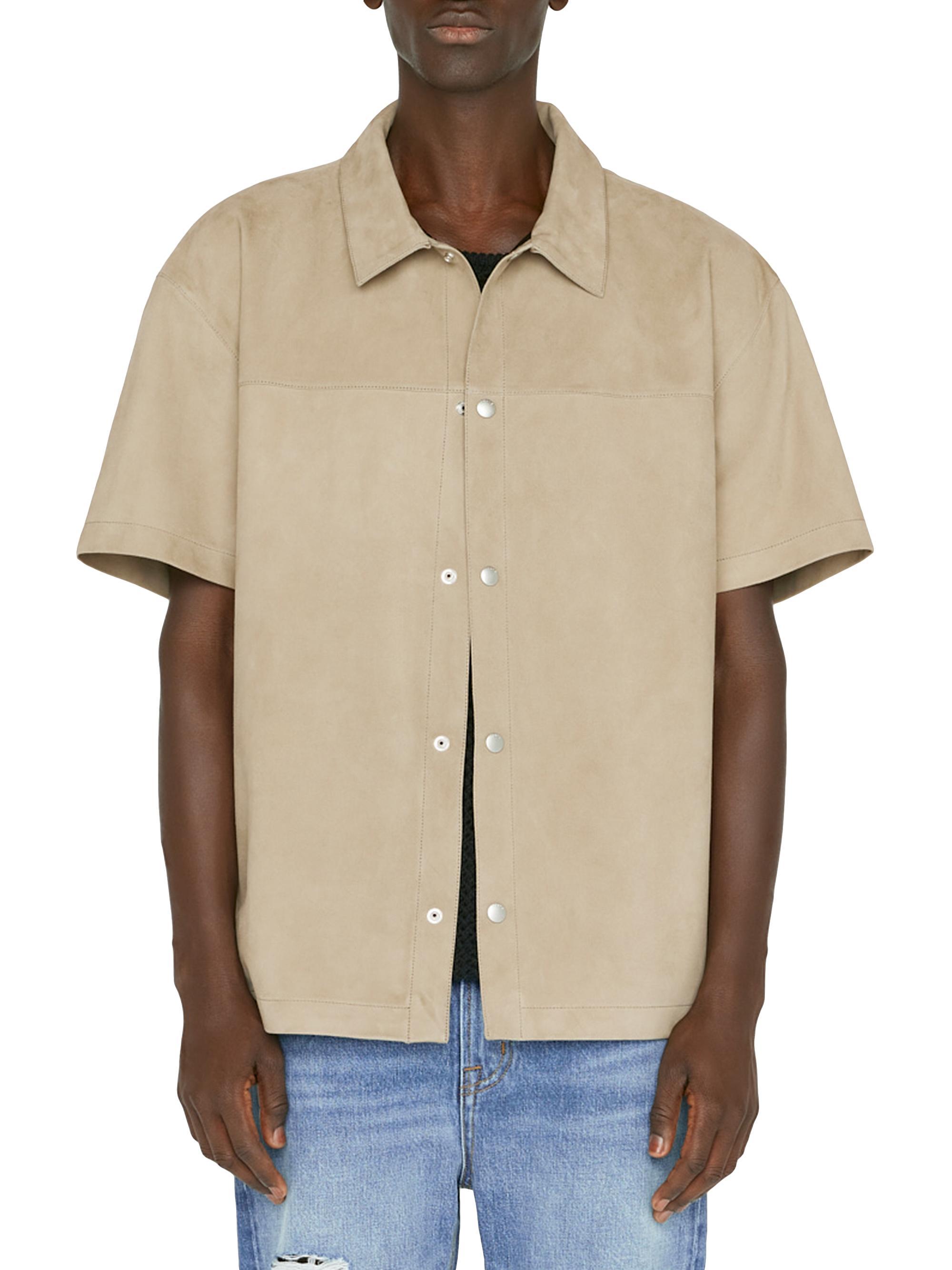 Click here for Frame Mens Snap-Front Suede Shirt - Sand Beige - S... prices