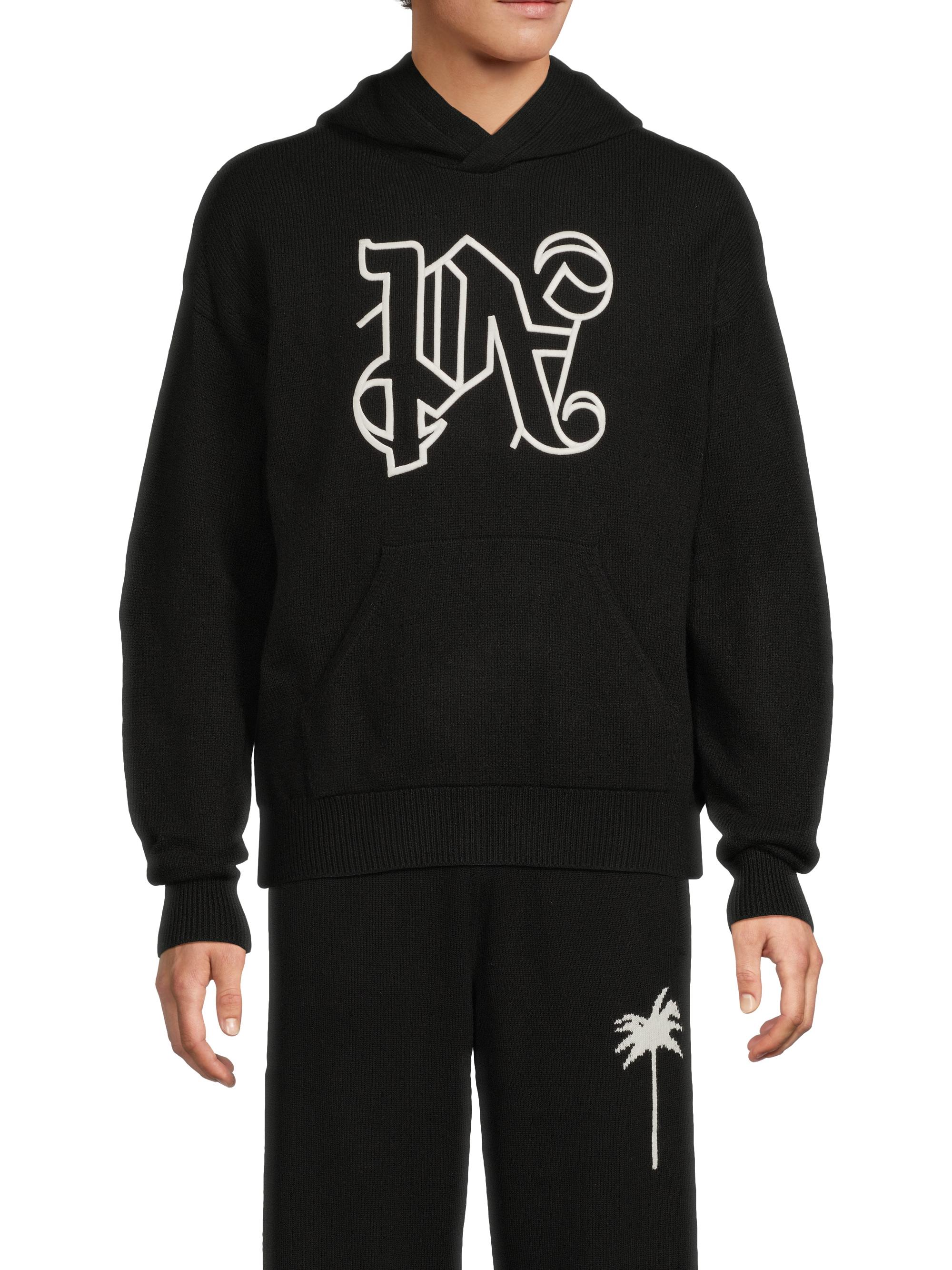 Click here for Palm Angels Mens Logo Merino Wool-Blend Hoodie - B... prices