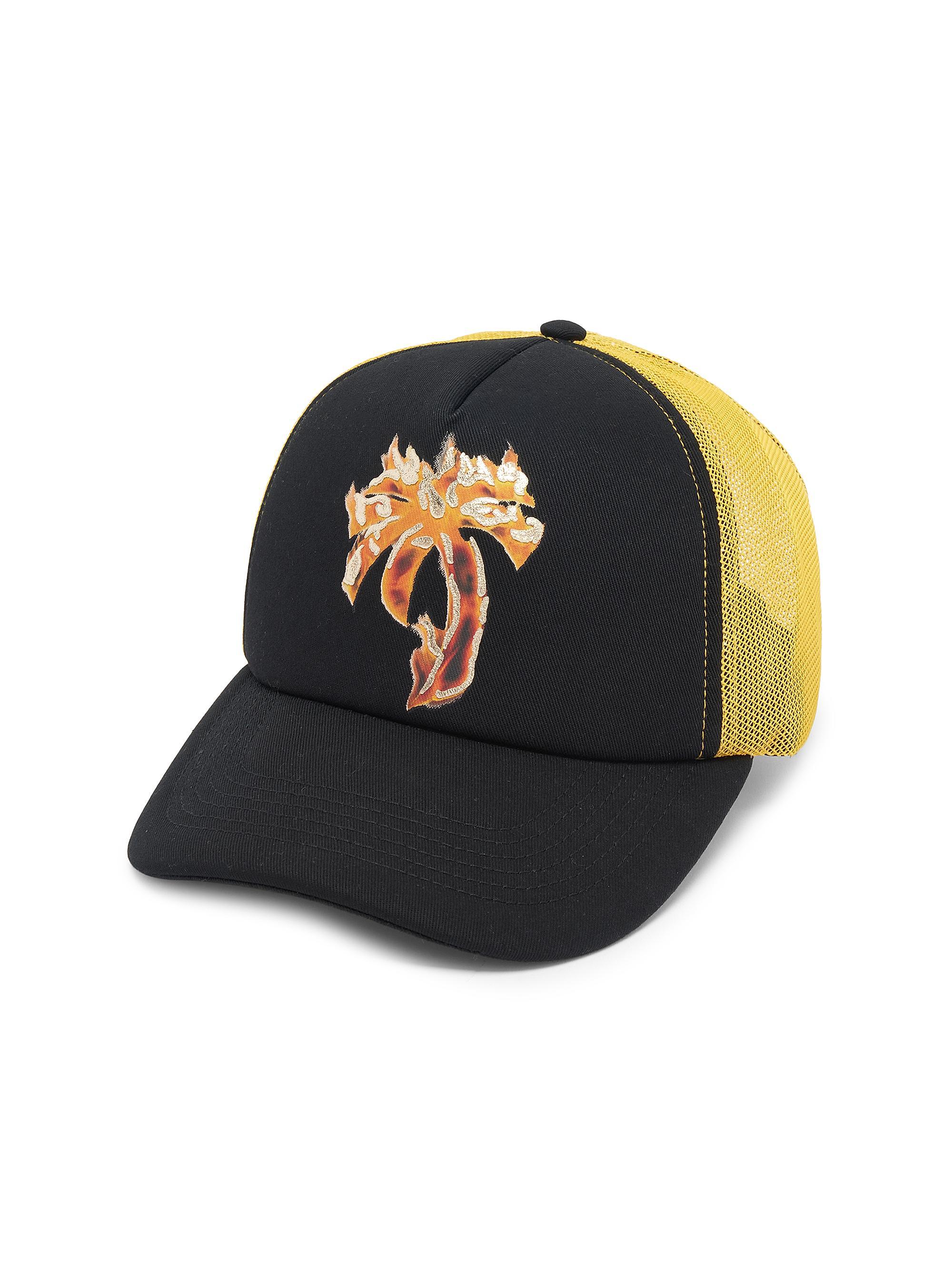 Click here for Palm Angels Mens Burning Palm Trucker Hat - Black... prices