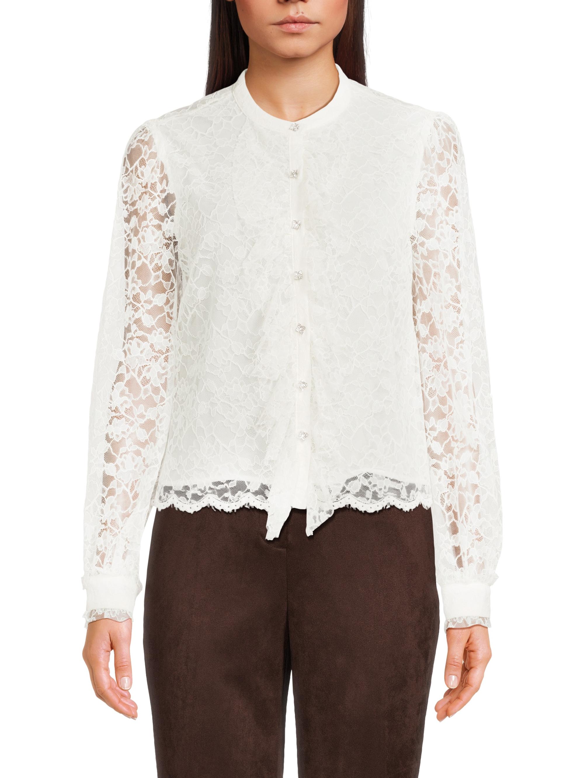 Bcbg Womens Long Sleeve Lace with Rhinestone Top - Whisper White