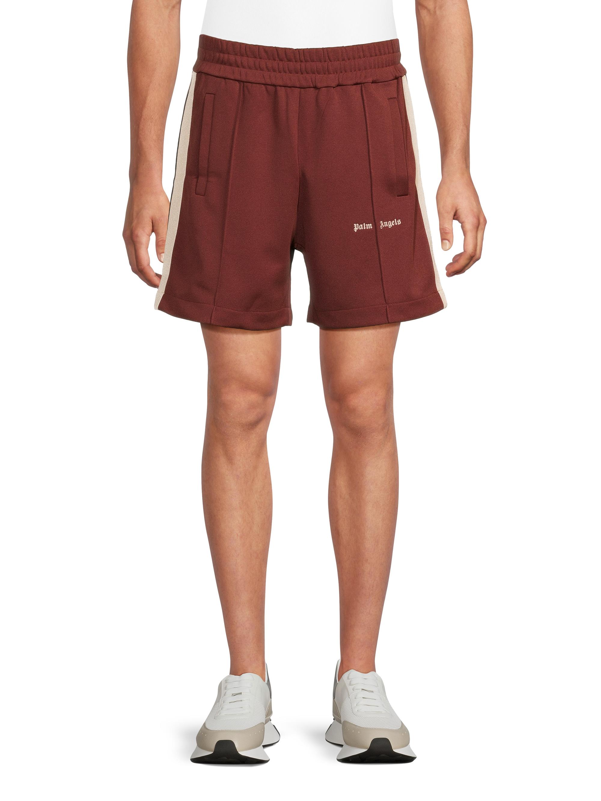 Click here for Palm Angels Mens Logo Graphic Shorts - Burgundy -... prices