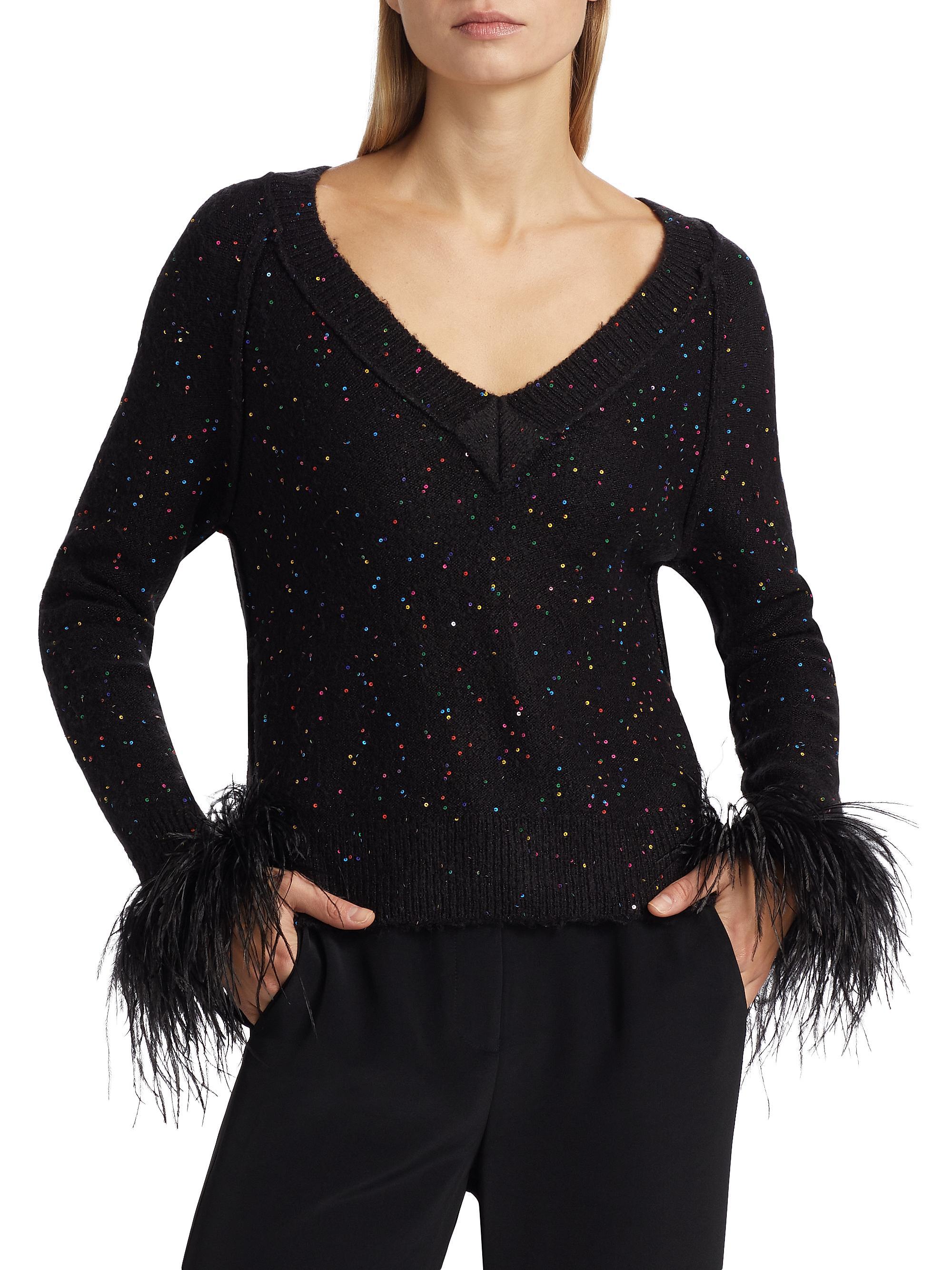 Click here for Milly Womens Sequin-Feather V-Neck Sweater - Black... prices
