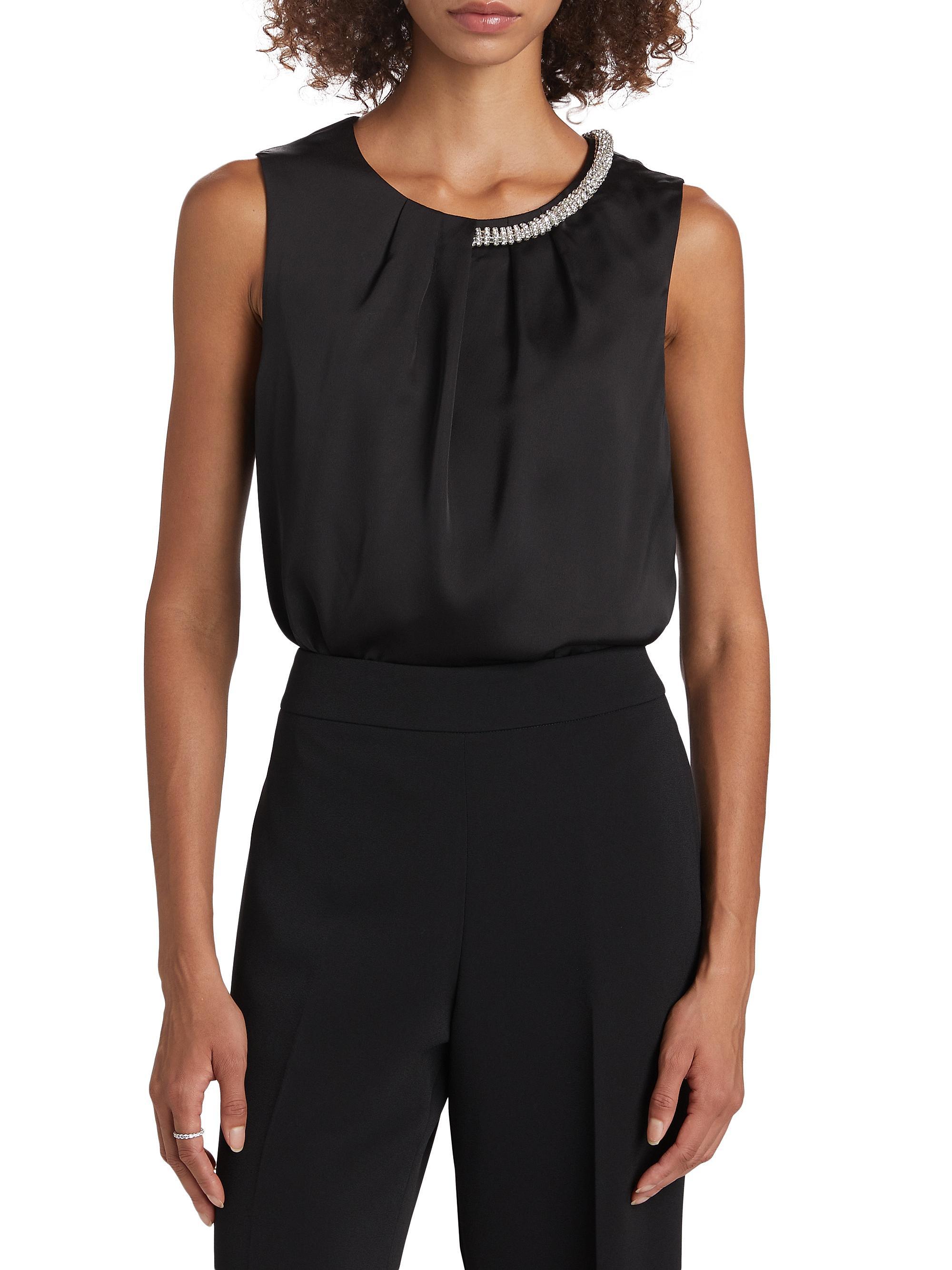 Click here for Milly Womens Lily Embellished-Trim Satin Top - Bla... prices