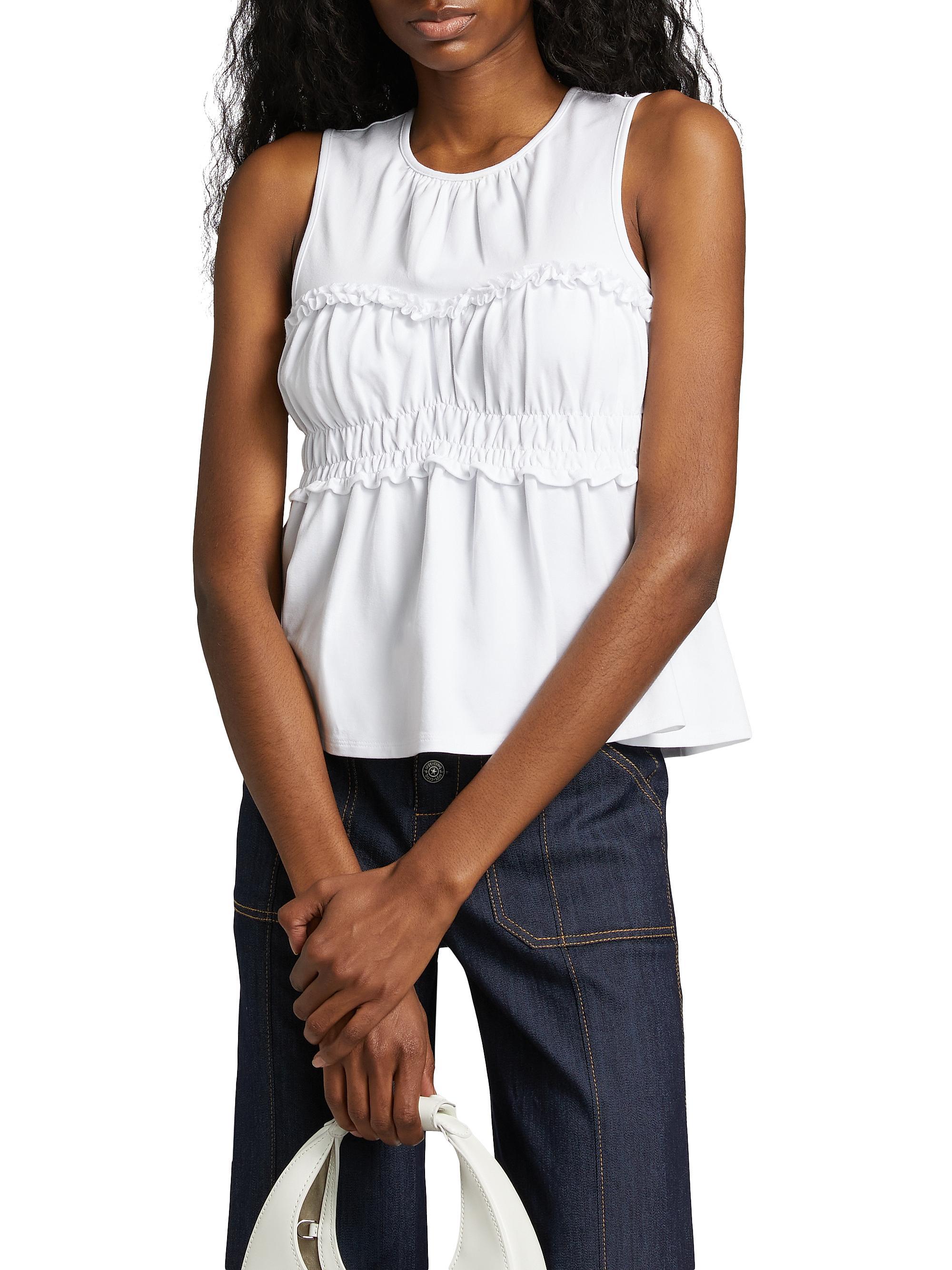 Click here for Cinq à Sept Womens Pania Ruffle Stretch-Cotton Cre... prices