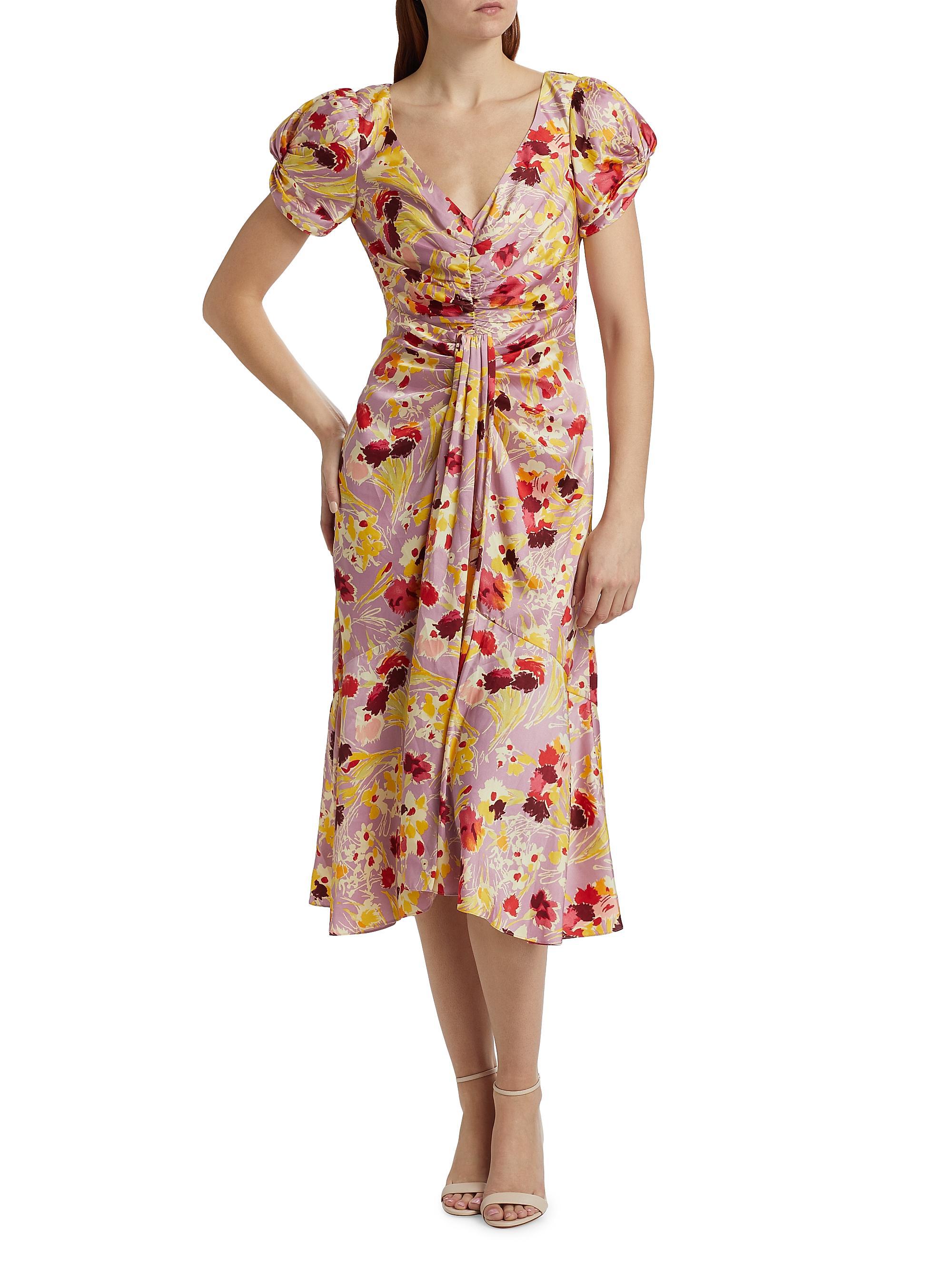 Click here for Cinq à Sept Womens Walker Floral Midi-Dress - Mauv... prices