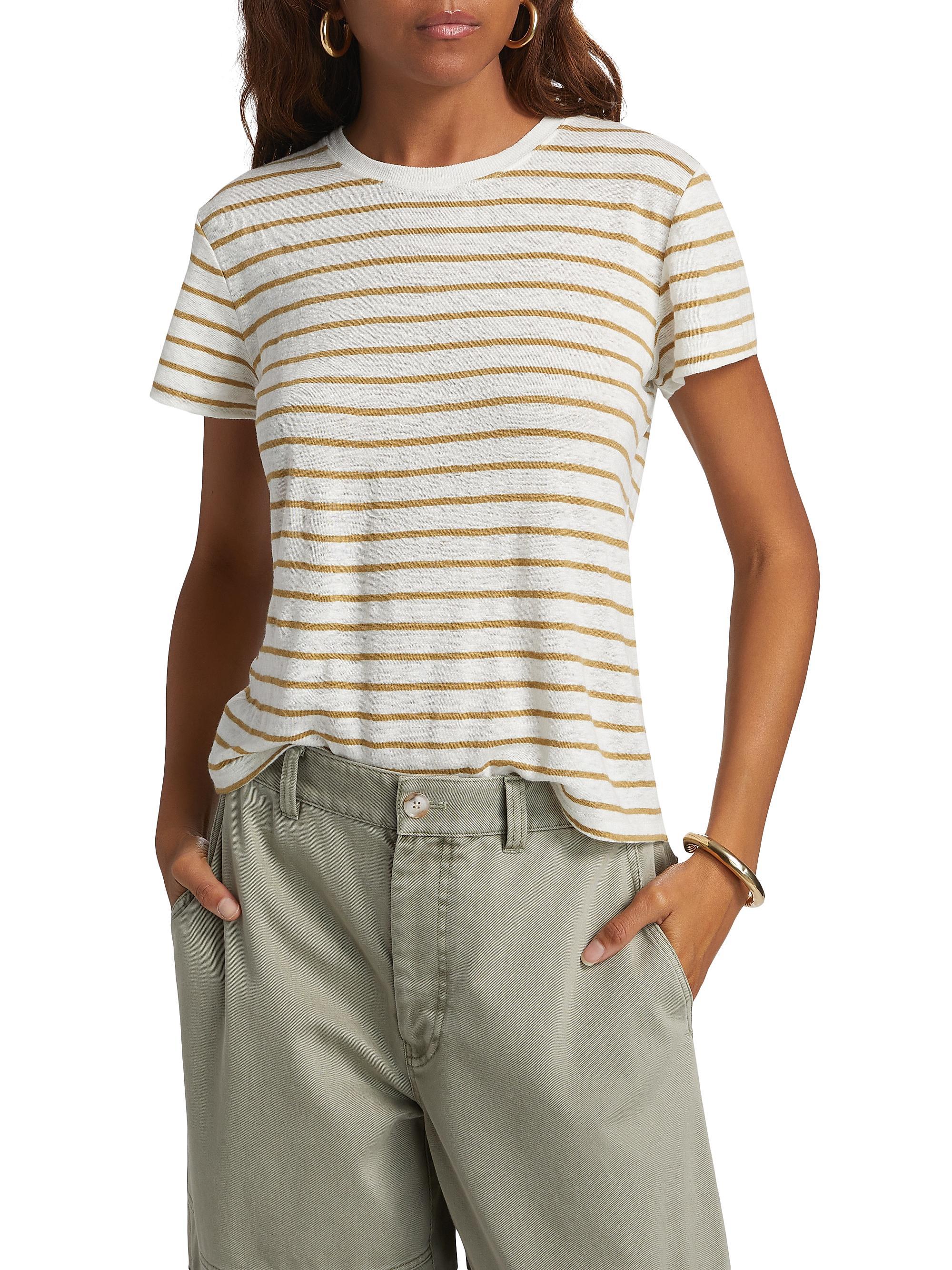 Click here for Frame Womens Stripe Linen Baby T-Shirt - Dark Khak... prices