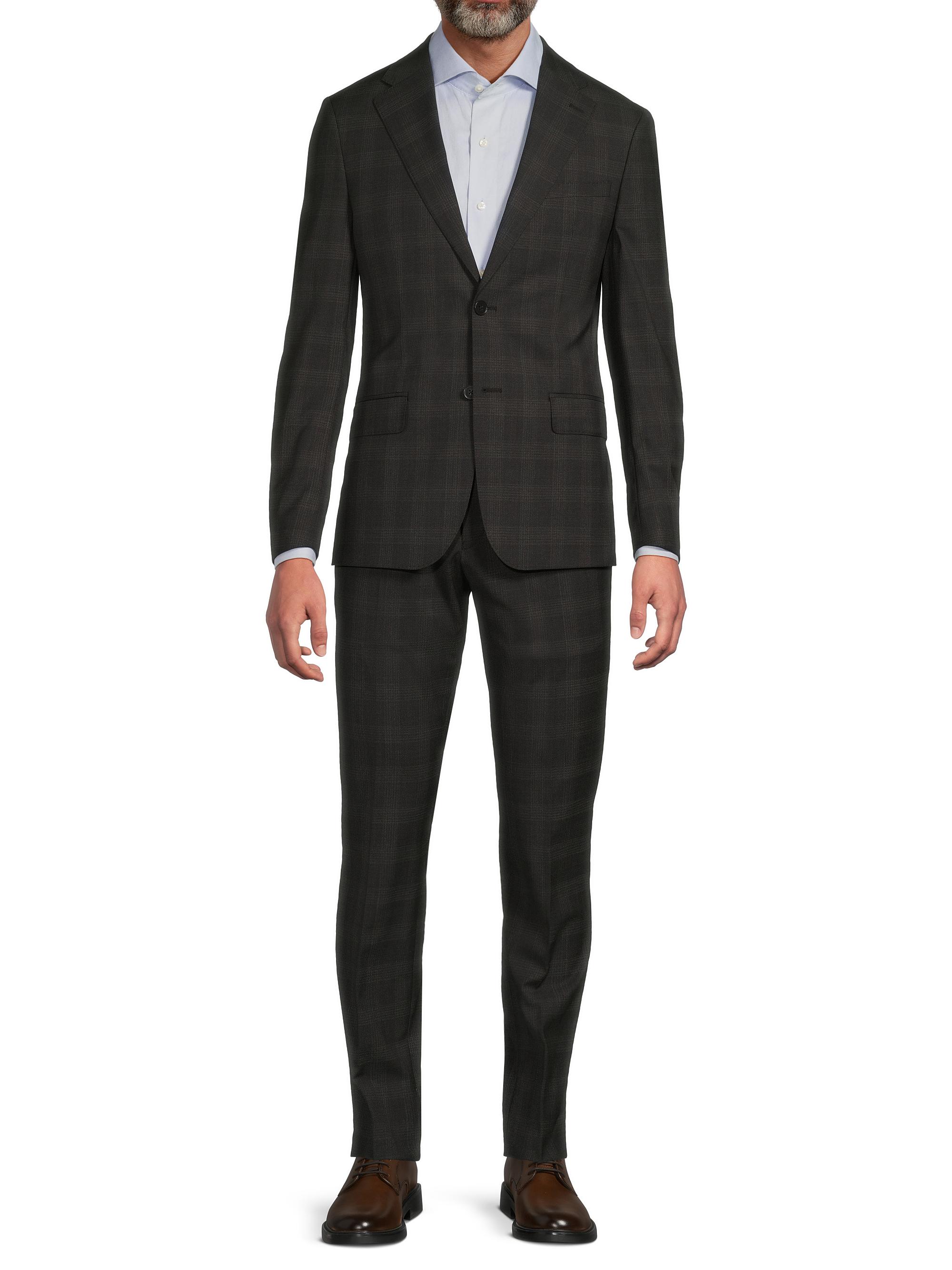 Calvin Klein Mens Plaid Wool-Blend Two-Button Slim-Fit Suit - Charcoal - Size 38 S