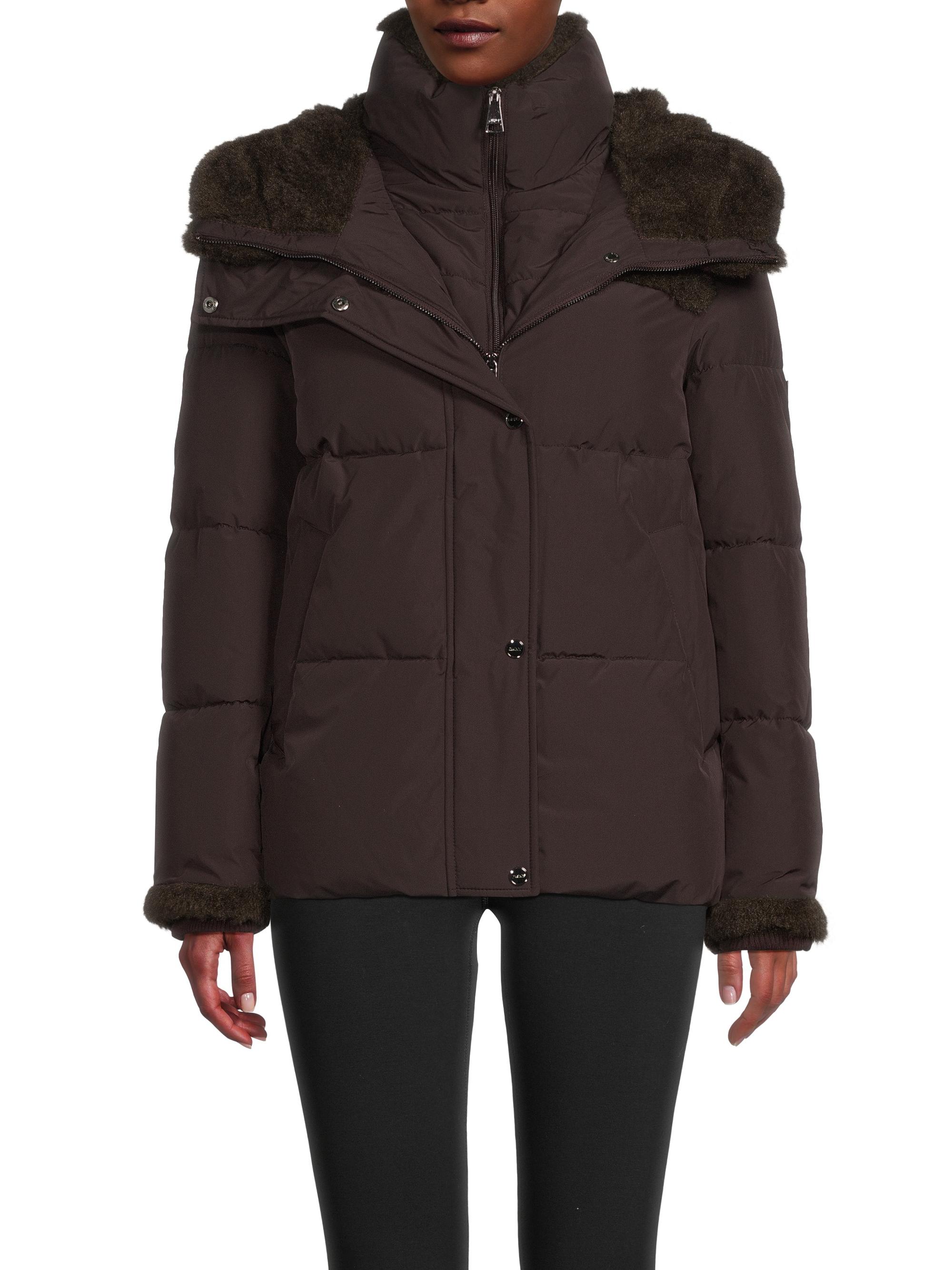 Click here for Dkny Womens Faur-Fur Trim Layered Hooded Jacket -... prices