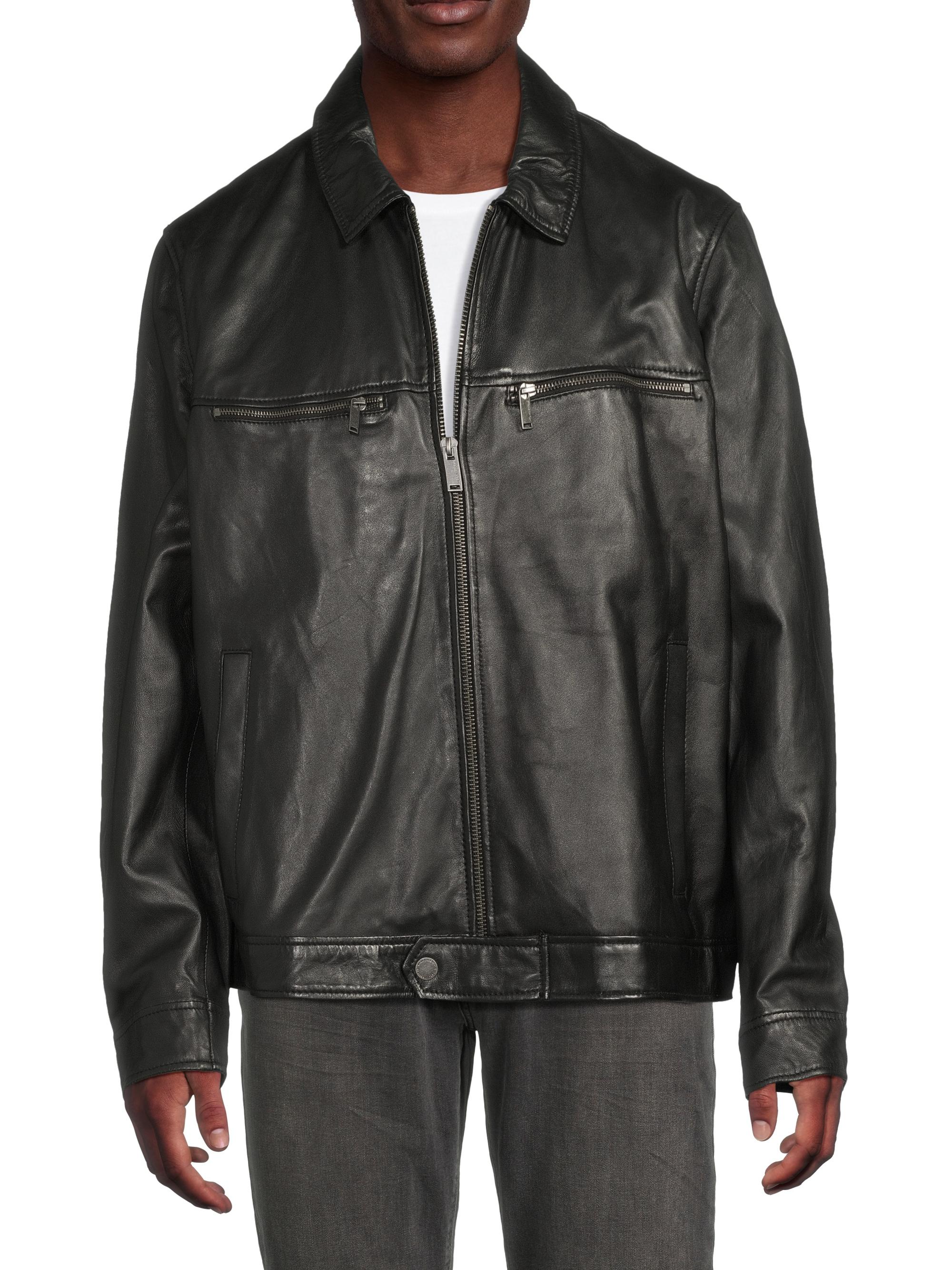 Karl Lagerfeld Paris Mens Collared Leather Jacket - Black