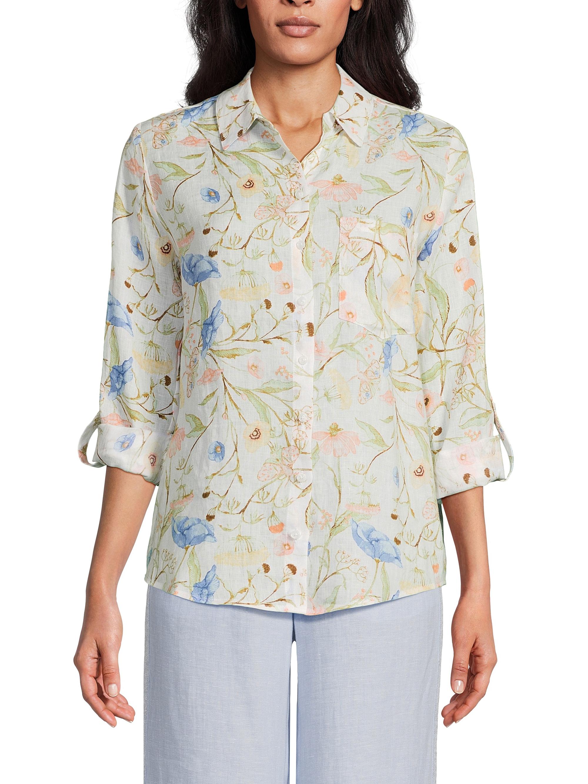 Click here for Saks Fifth Avenue Womens 100 Linen Floral Roll-Tab... prices