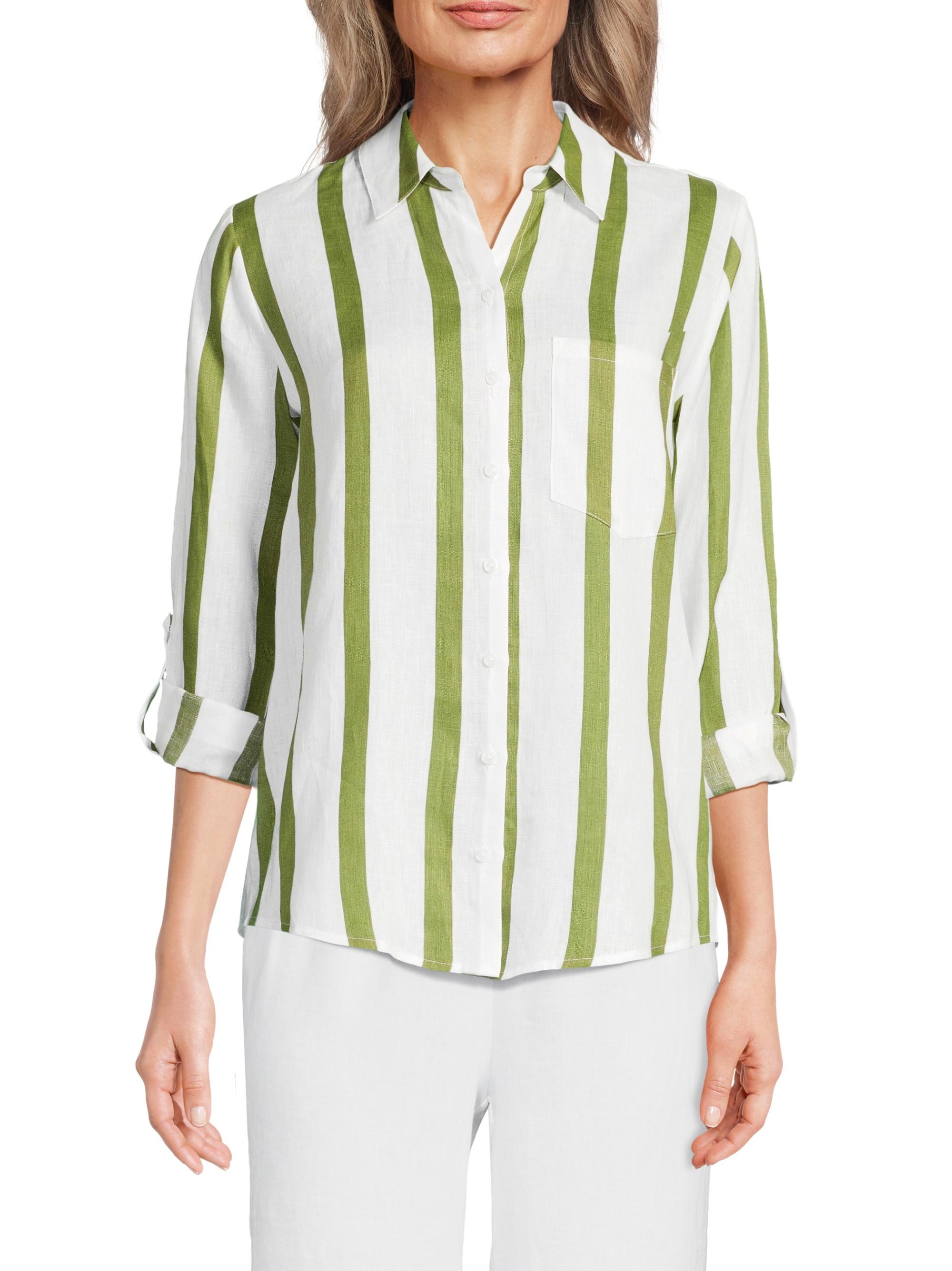 Click here for Saks Fifth Avenue Womens 100 Linen Stripe Roll-Tab... prices