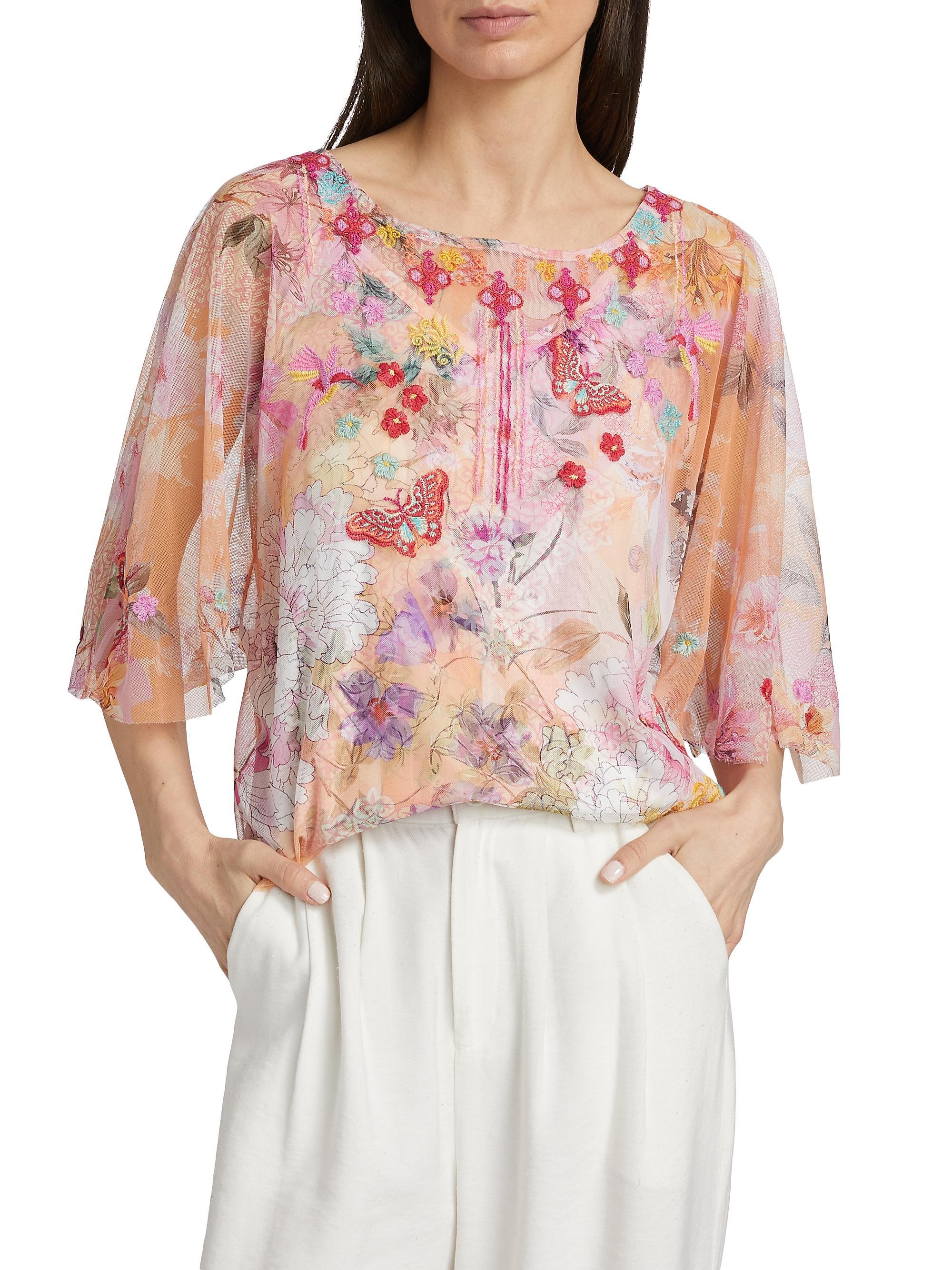 Click here for Johnny Was Womens Valentina Floral Mesh Top - Melr... prices
