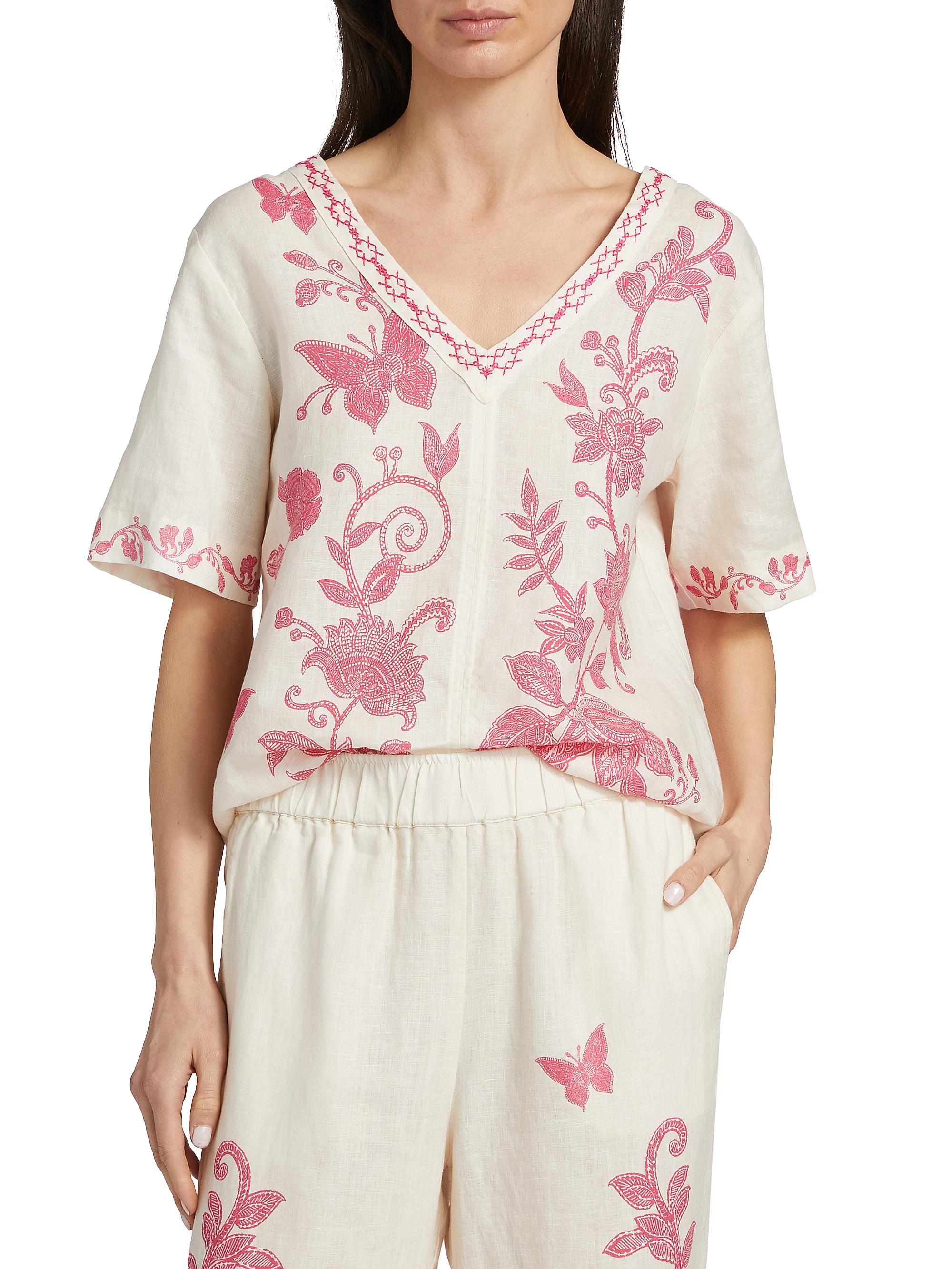 Click here for Johnny Was Womens V-Neck Printed Linen Blouse - Al... prices