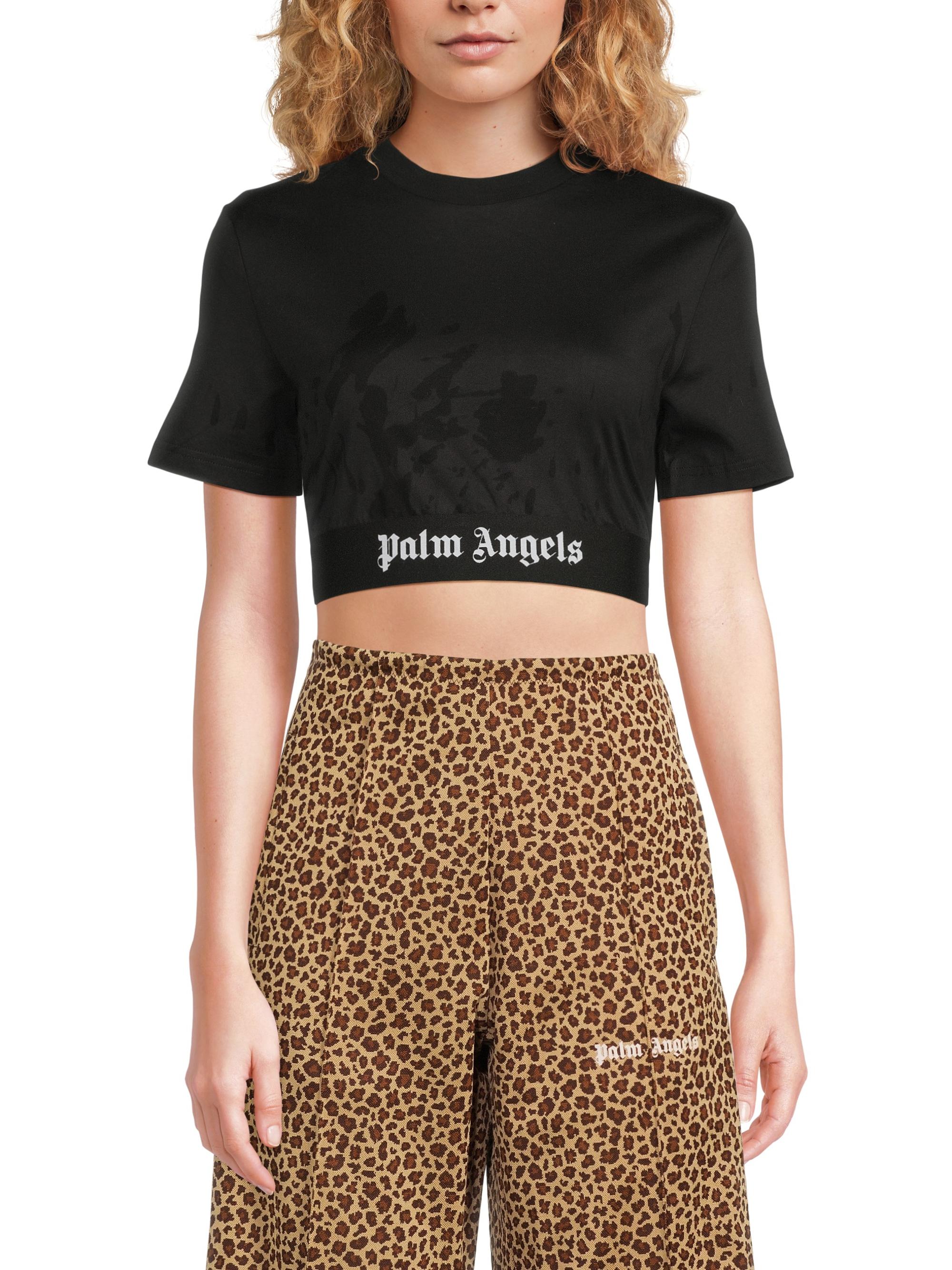 Click here for Palm Angels Womens Logo Cotton Crop T-Shirt - Blac... prices