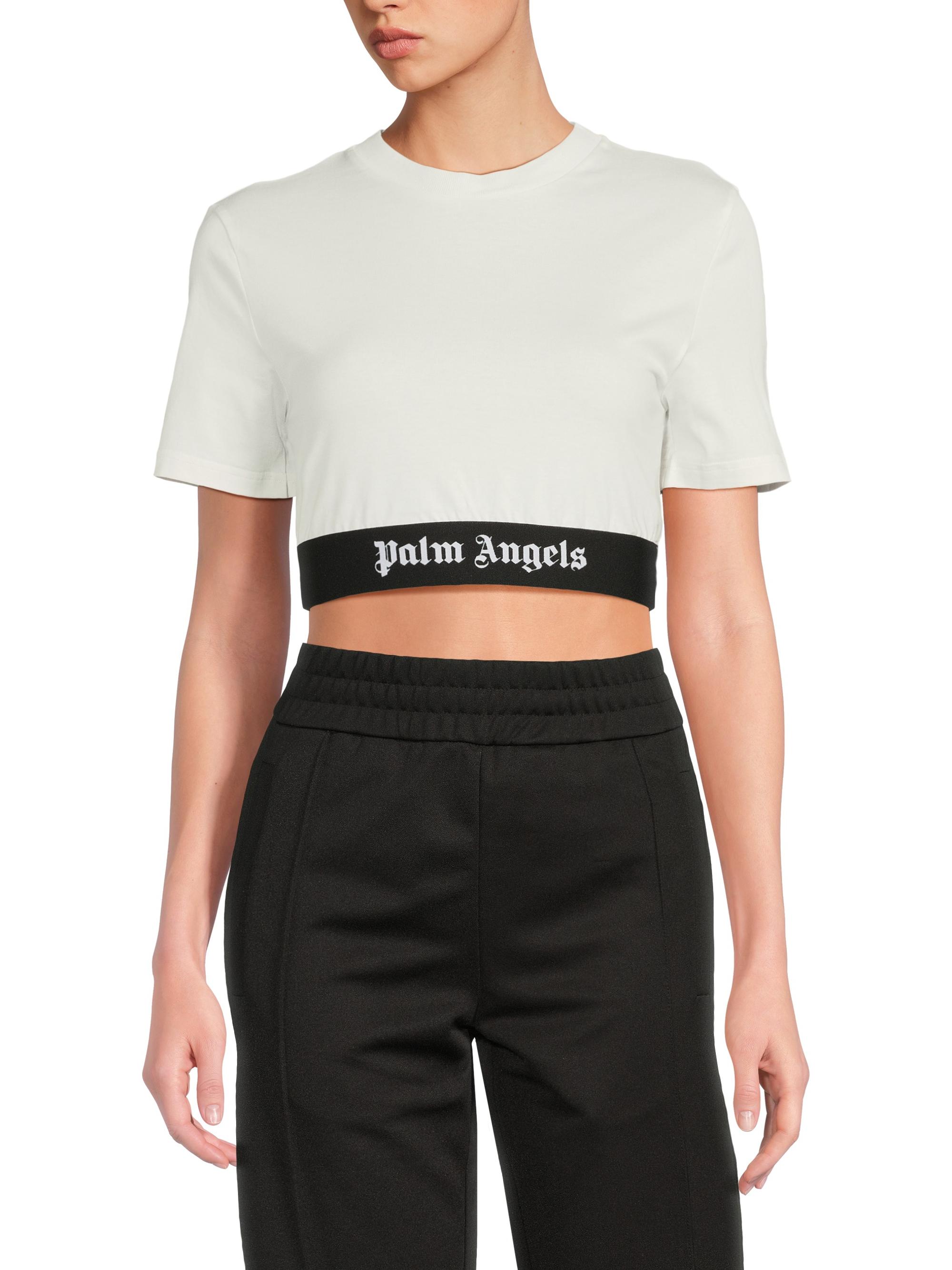 Click here for Palm Angels Womens Logo-Band Cropped Cotton T-Shir... prices