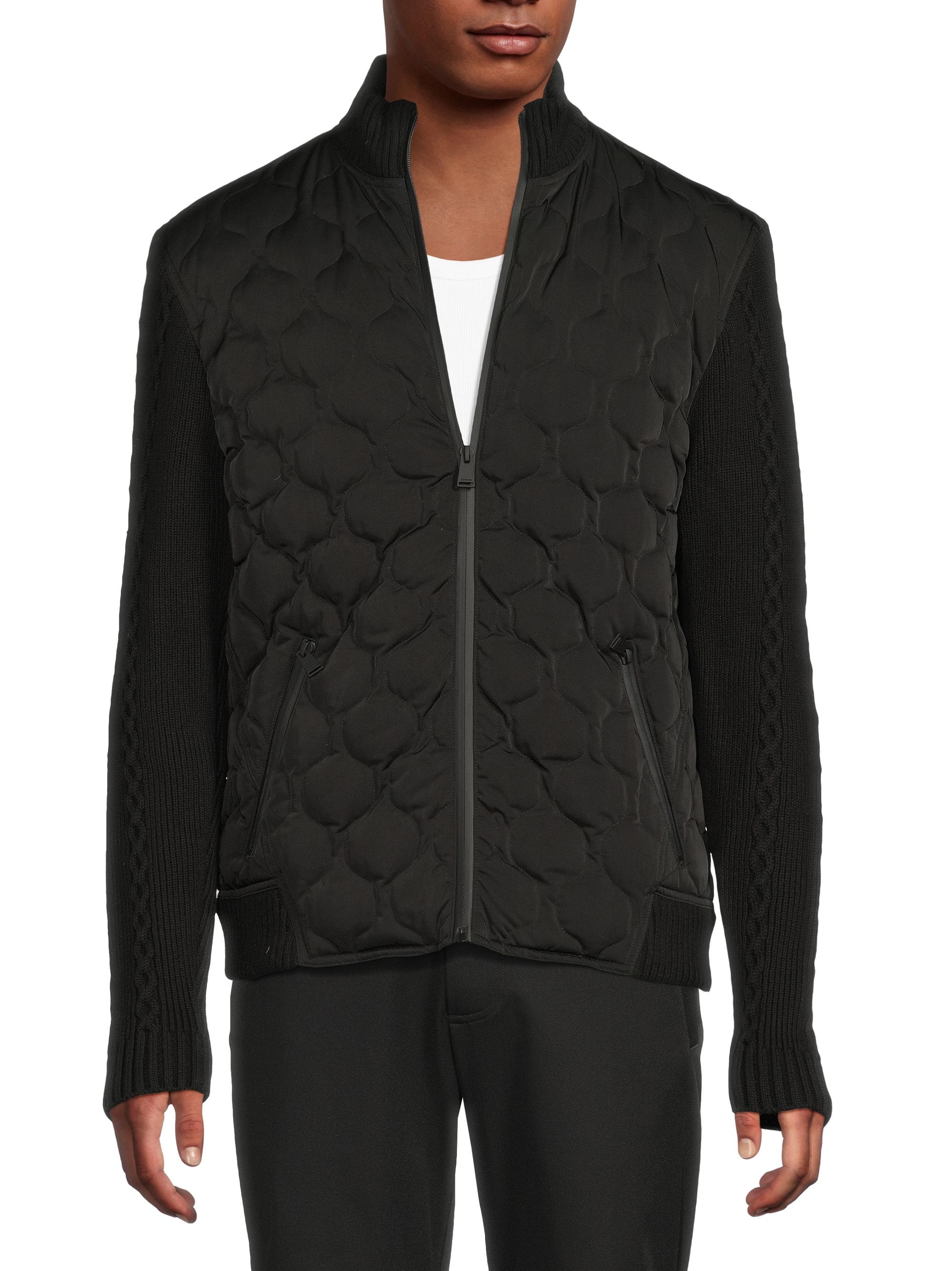 Click here for Simkhai Mens Dunn Knit-Trim Quilted Jacket - Black... prices