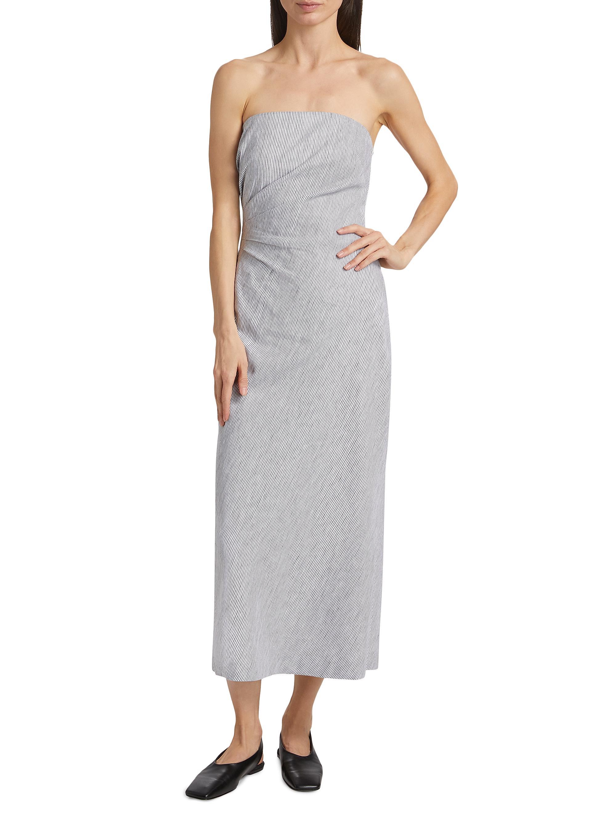 Click here for Reiss Womens Striped Cotton-Linen Strapless Midi-D... prices