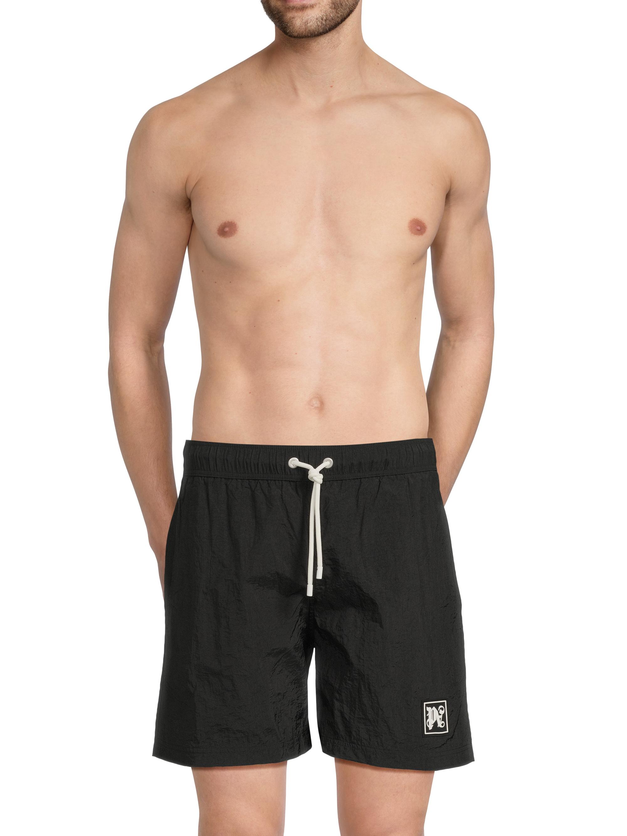 Click here for Palm Angels Mens Monogram Swim Shorts - Black Whit... prices