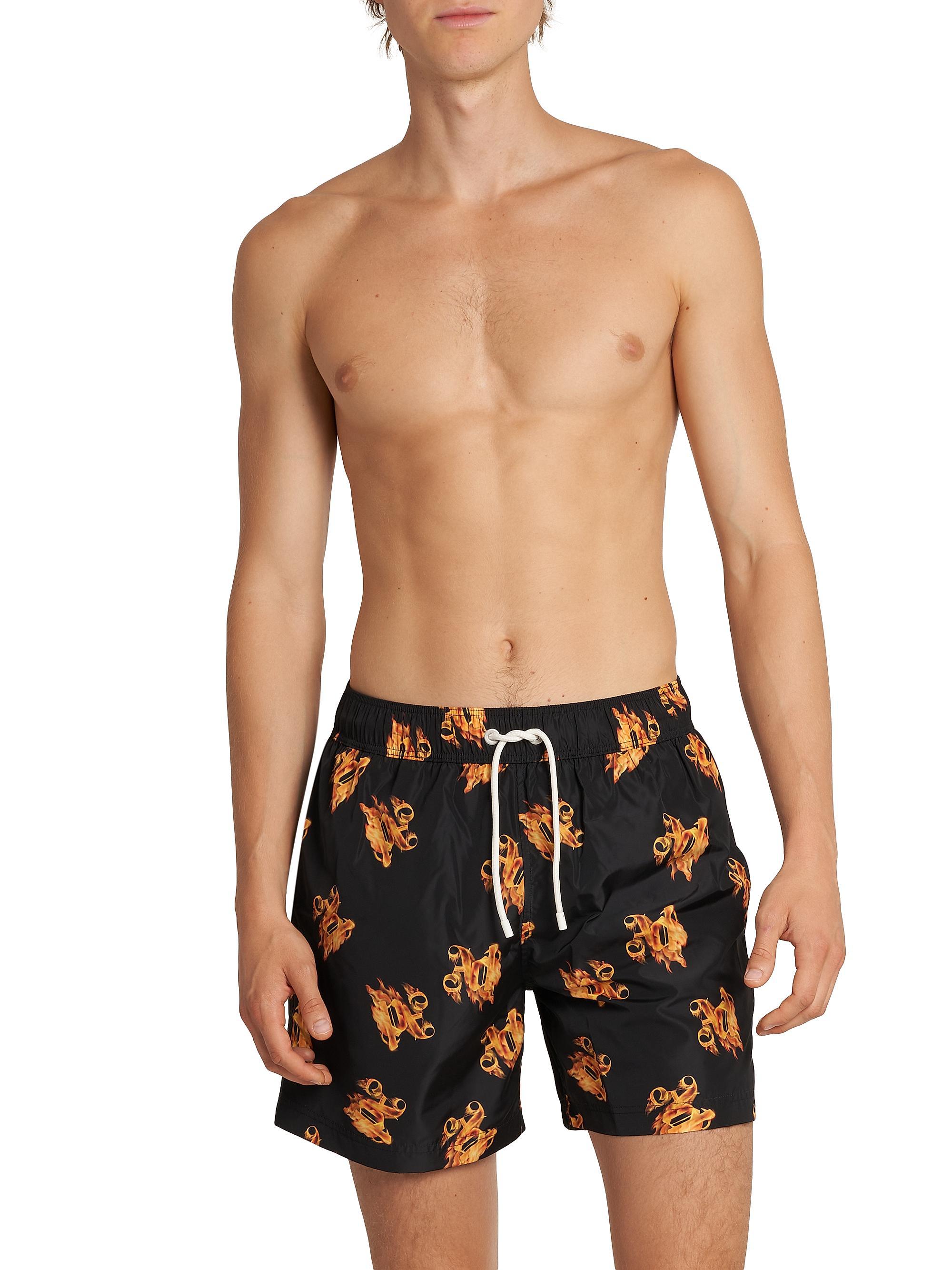 Click here for Palm Angels Mens Burning Monogram Swim Shorts - Bl... prices