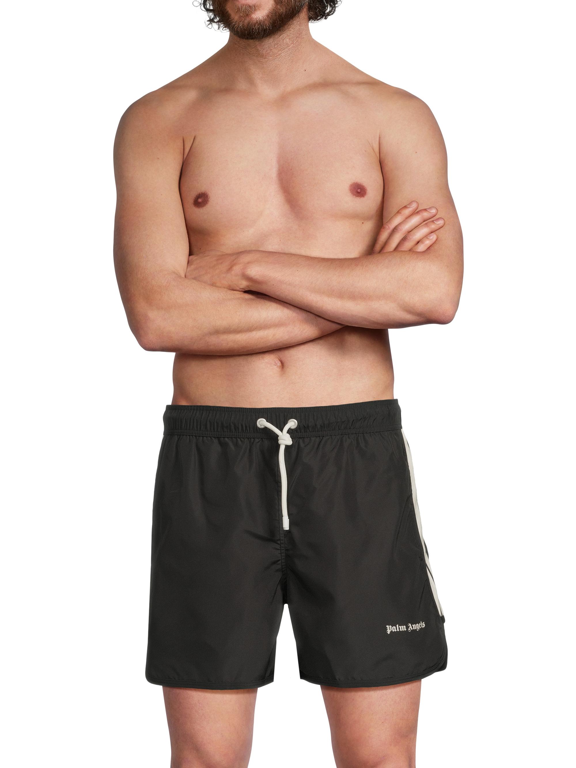 Click here for Palm Angels Mens Logo Drawstring Swim Shorts - Bla... prices