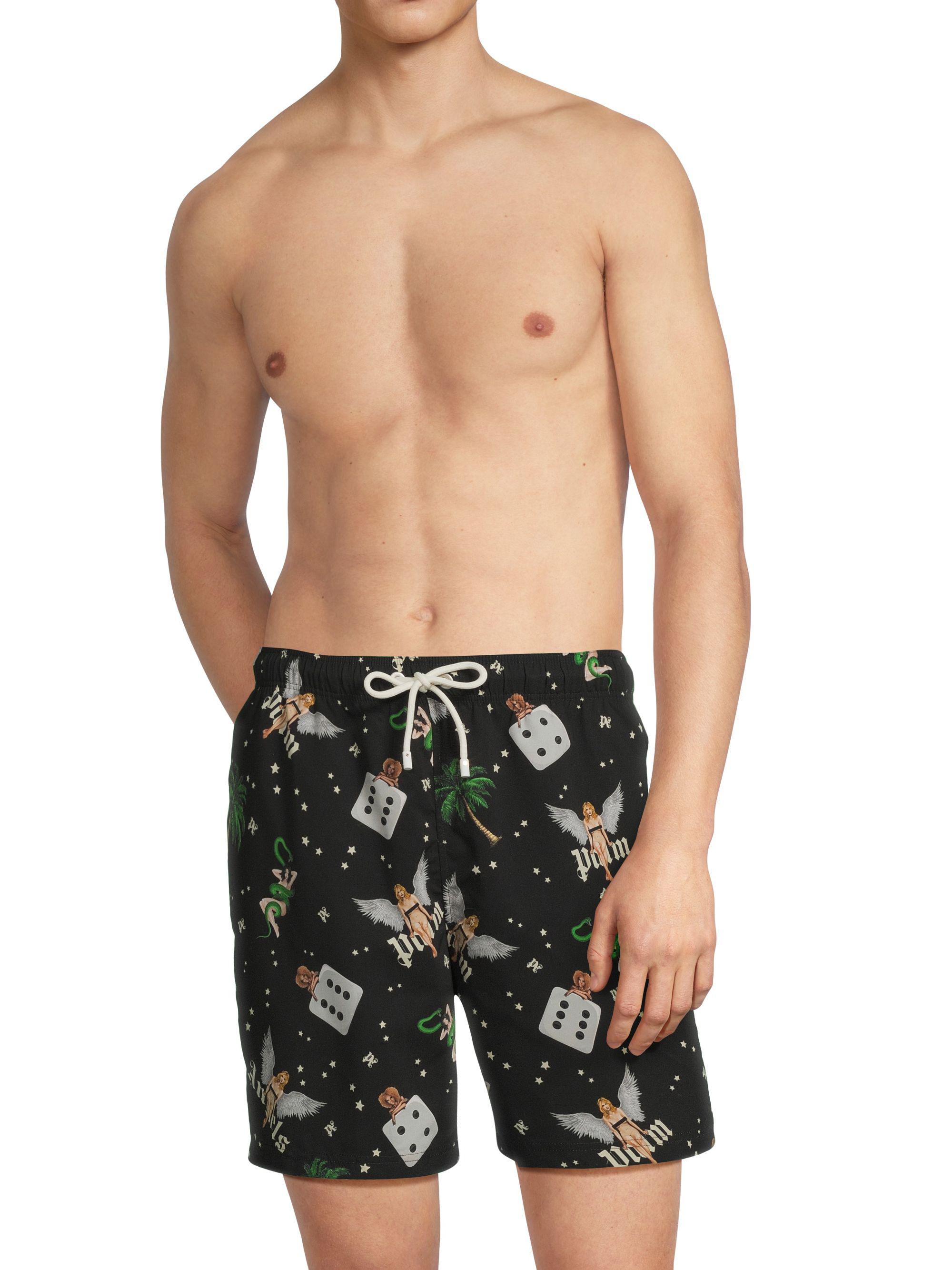 Click here for Palm Angels Mens Pin Up Printed Swim Shorts - Blac... prices