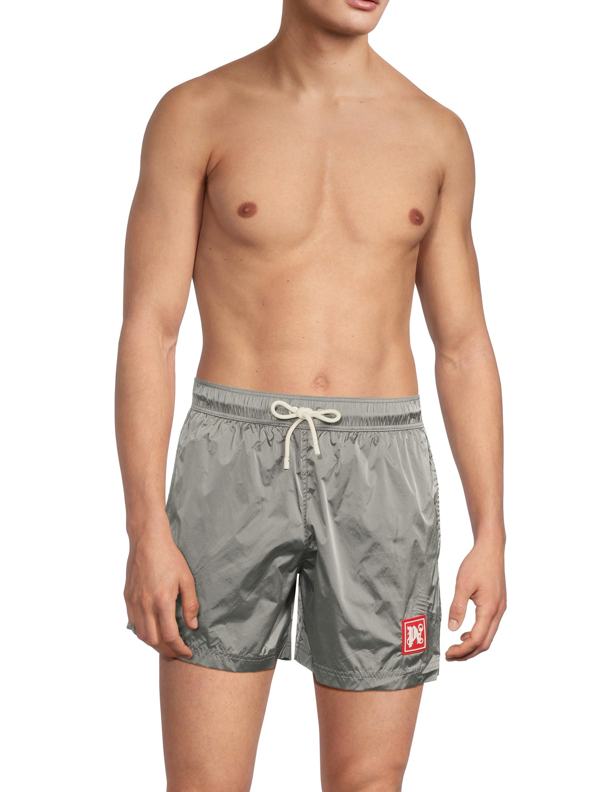 Palm Angels Mens Monogram Reflective Swim Shorts - Silver - Size S
