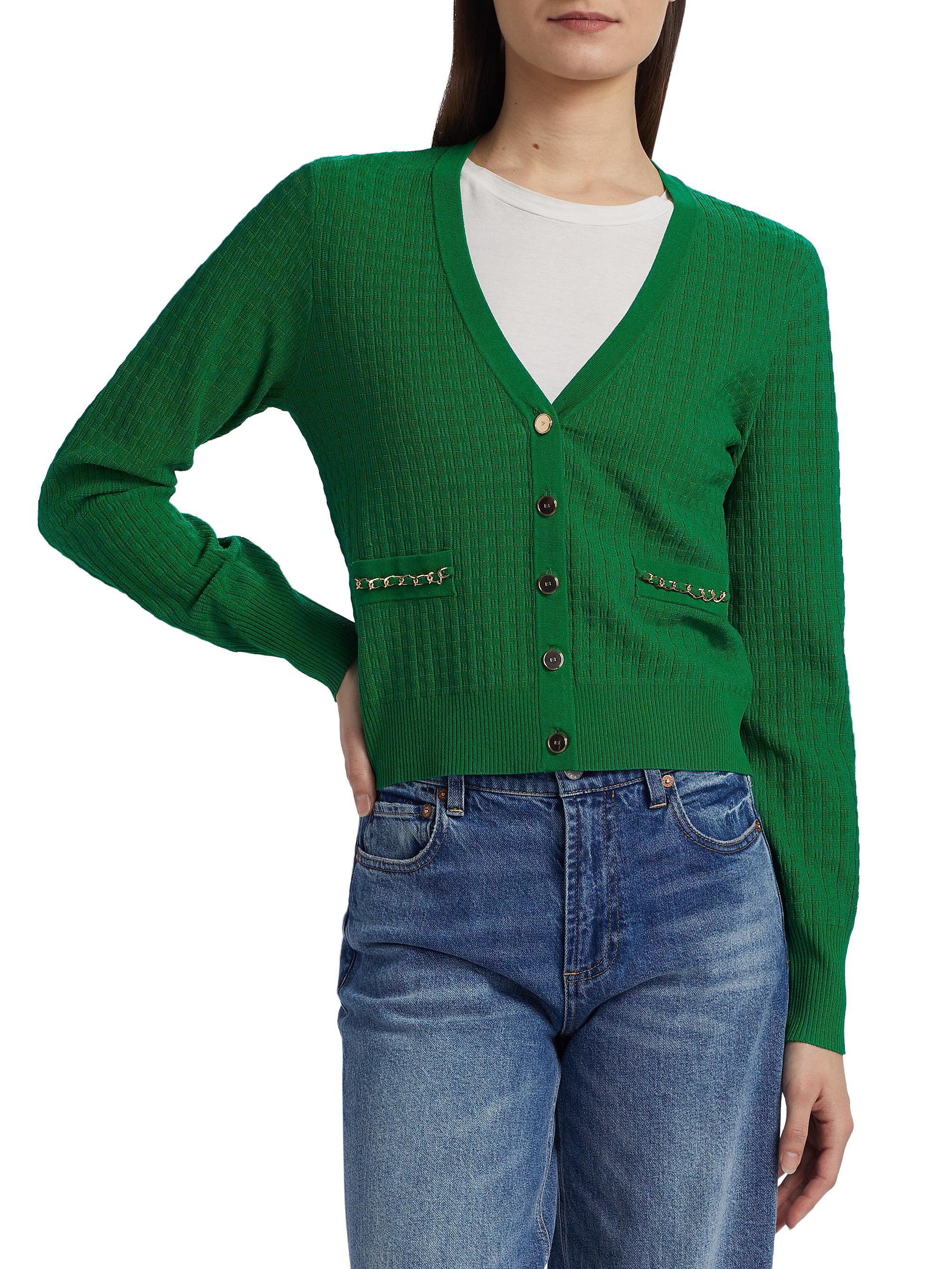 Click here for Elie Tahari Womens Oaklee V-Neck Chain-Link Cardig... prices