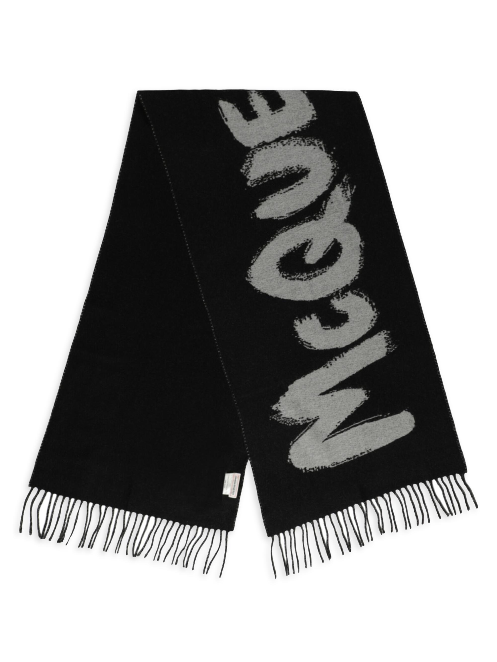 Click here for Mcqueen Womens Logo Graphic Wool Scarf - Black Whi... prices