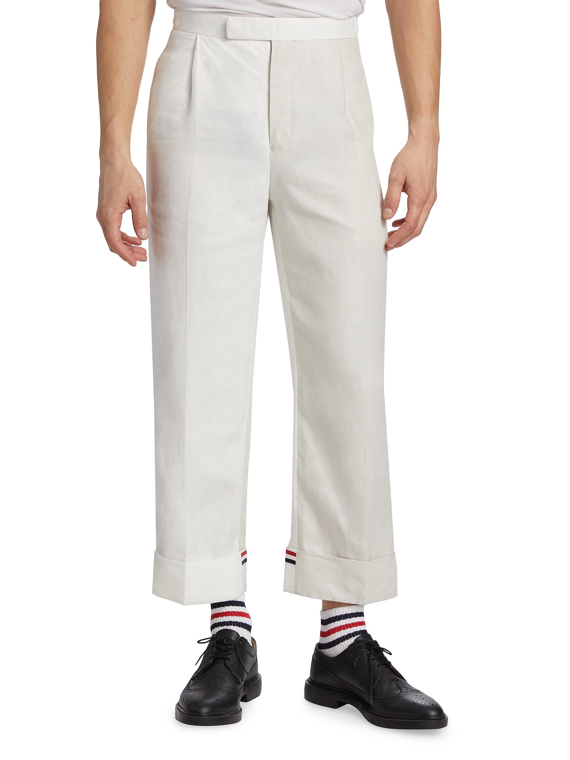 Click here for Thom Browne Mens Linen Pleat-Front Pants - White -... prices
