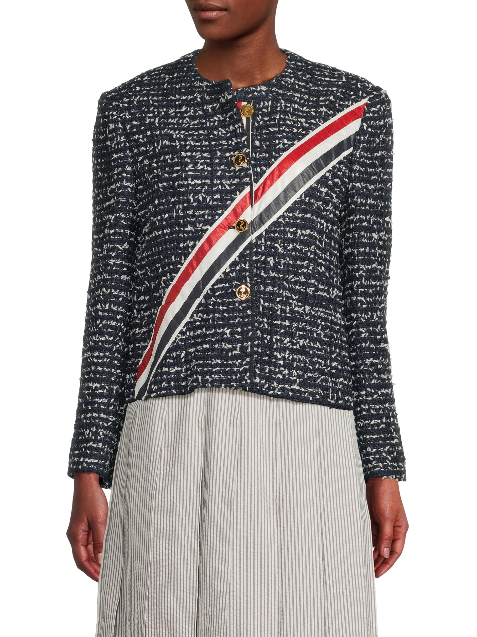 Click here for Thom Browne Womens Unconstructed Tweed Crewneck Ja... prices