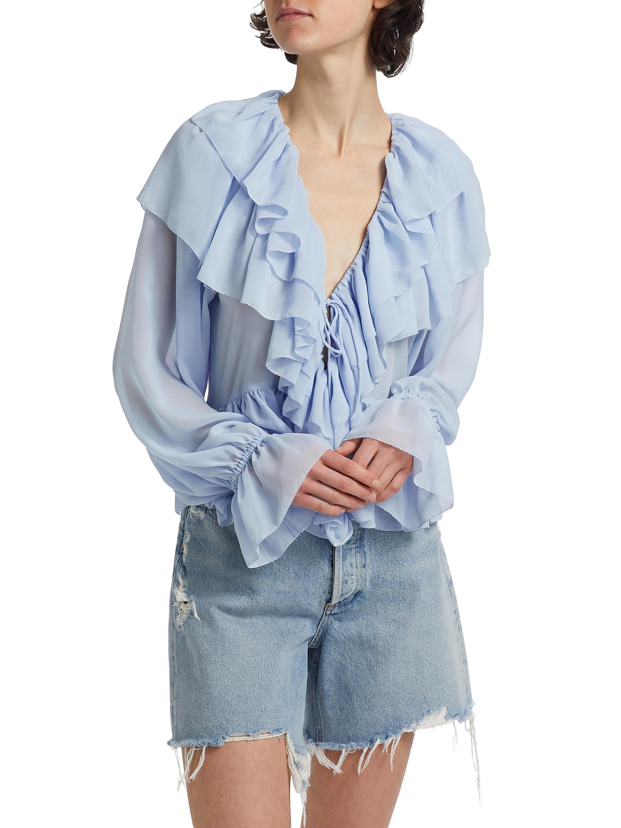 Click here for Ronny Kobo Womens Soraya Ruffle Blouse - Aegean Bl... prices